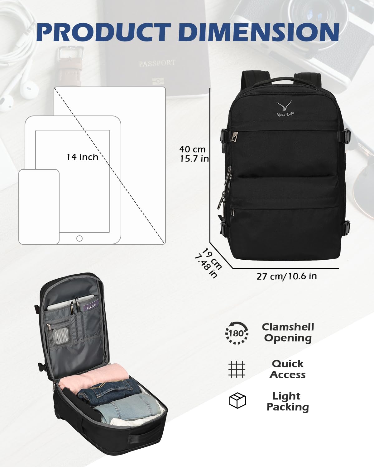 Hynes Eagle 20L Travel Backpack Carry on Backpack Women Men Personal Item Bag for Spirit Airlines Small Nylon Laptop Backpack 14 inches Black