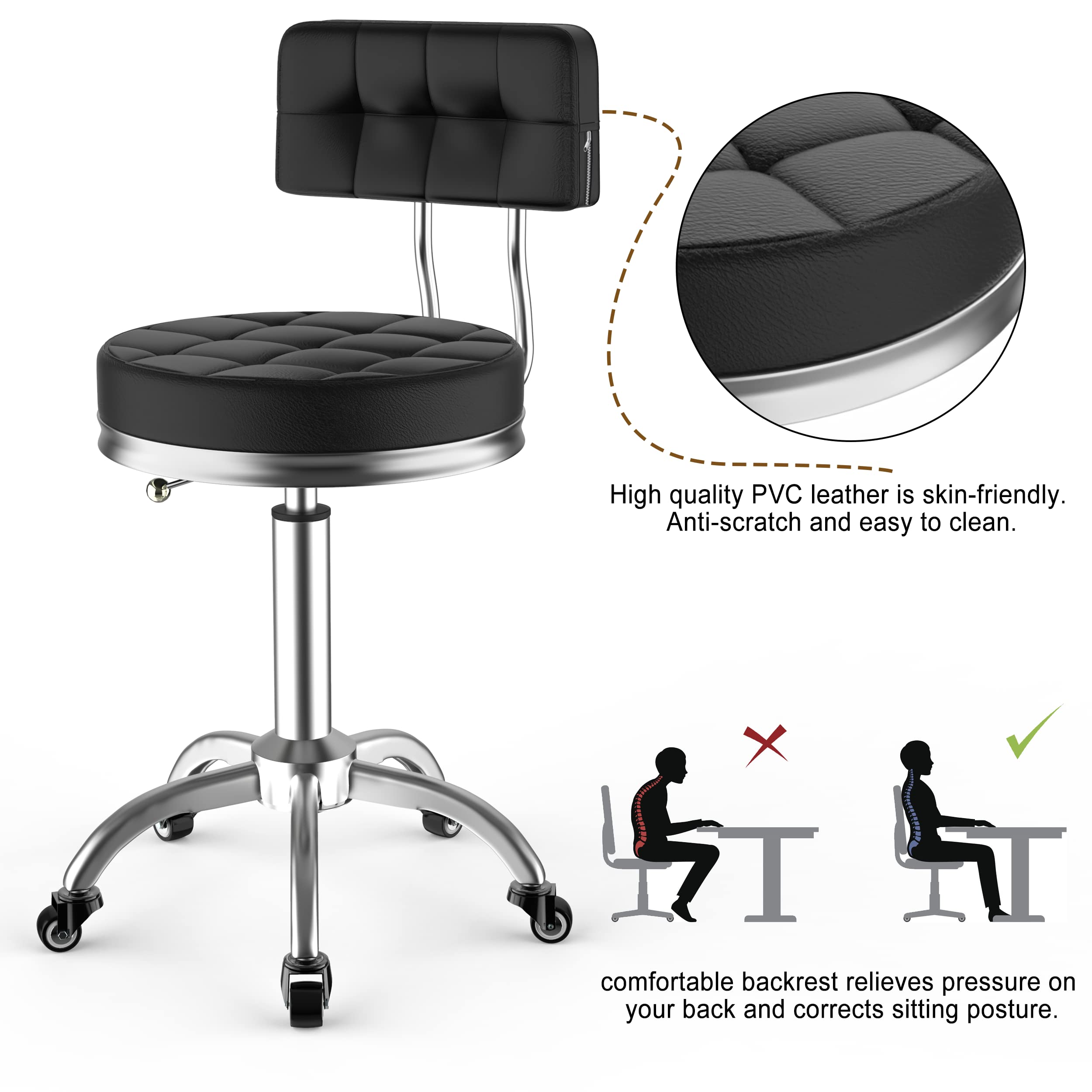 YJHome Heavy Duty 550LB Rolling Stool with Backrest Height Adjustable Stool with Wheels, Metal Salon Hydraulic Chair for Vanity Spa Guitar Desk Kitchen, Black