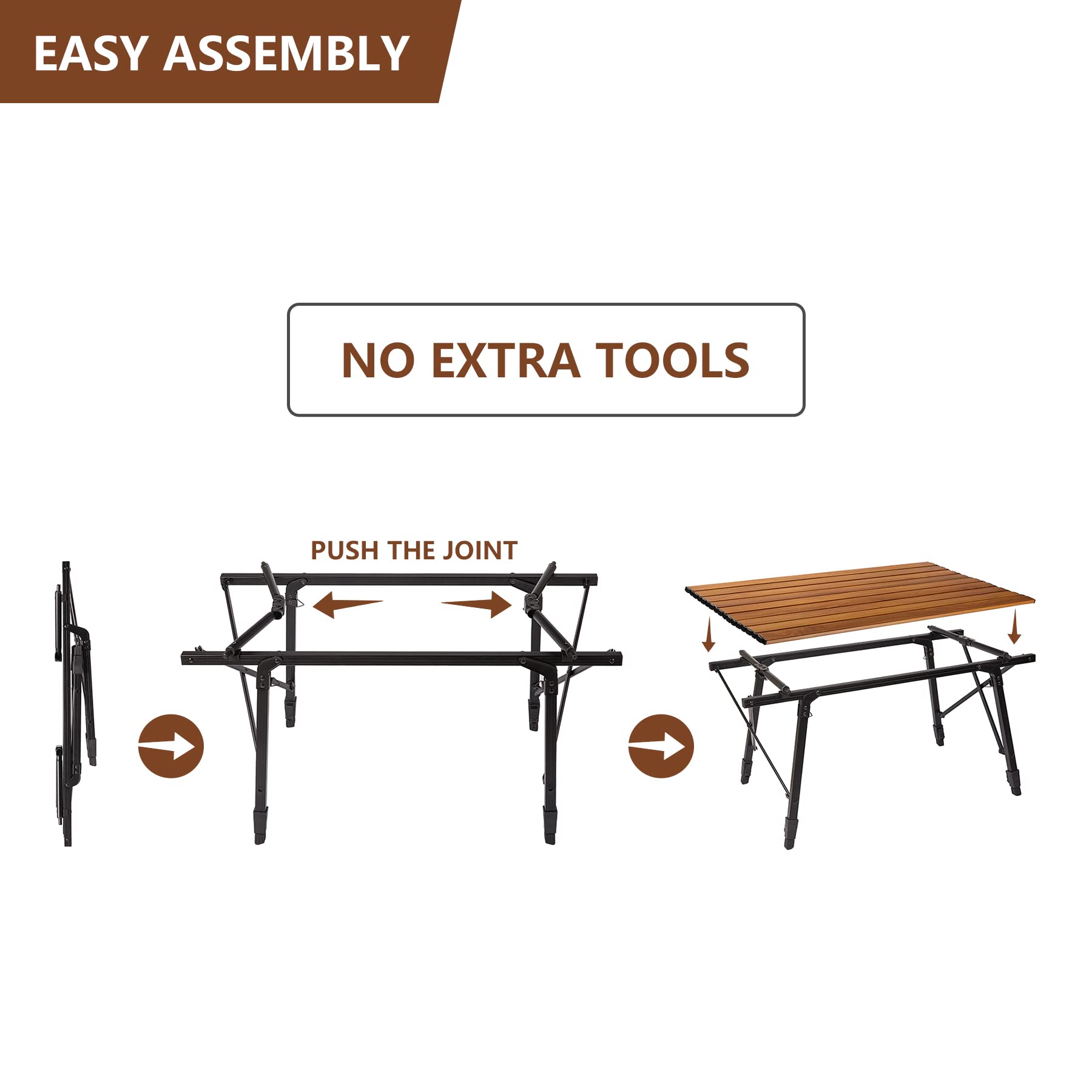 GARDIMAX Outdoor Camping Table Folding Picnic Table with Roll Up Table Top and Adjustable Aluminum Legs, Brown