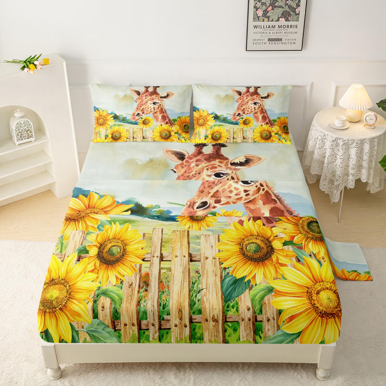 QOOMO Giraffe Bedding for Boys and Girls Sunflower Silky Soft Microfiber Bed Sheets Grassland Super Soft Kids Bedding Set Queen Size 1 Fitted Sheet, 1 Flat Sheet 2 Pillow Cases Room Decoration