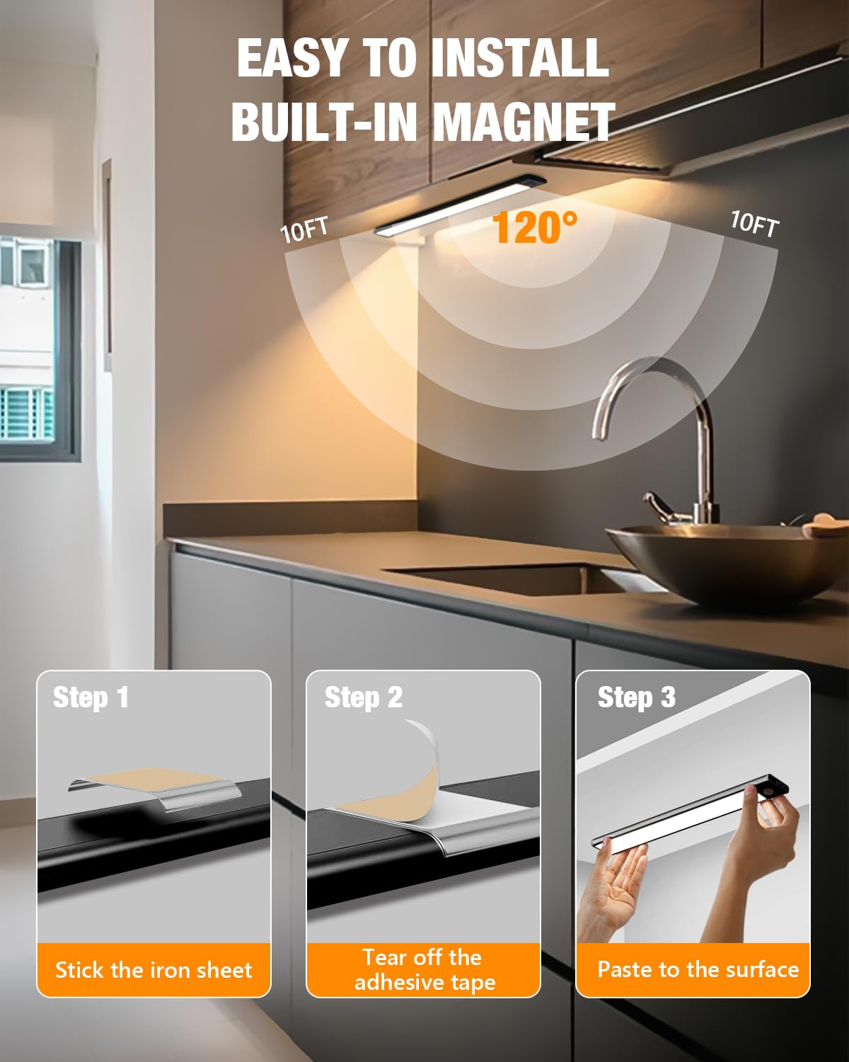 Garpsen Motion Sensor Light Indoor, LED Under Cabinet Lights with 2000mAh Rechargeable Battery Operated, 3 Modes & Color Temperature Dimmable Closet Lighting, Night Light for Home-3Pack