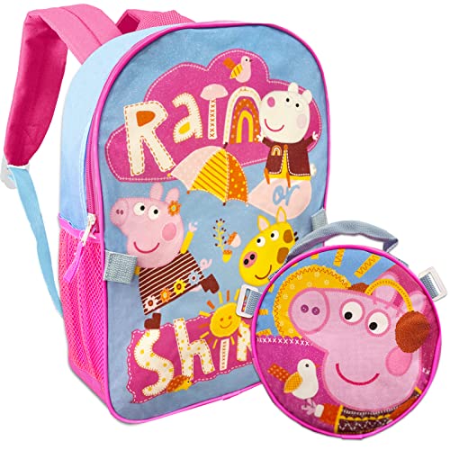 Peppa Pig Backpack with Lunch Box for Kids - 5 Pc Bundle with 16" Peppa Pig School Backpack Bag, Lunch Bag, Water Bottle, Stickers, and More | Peppa Pig Backpack for Girls