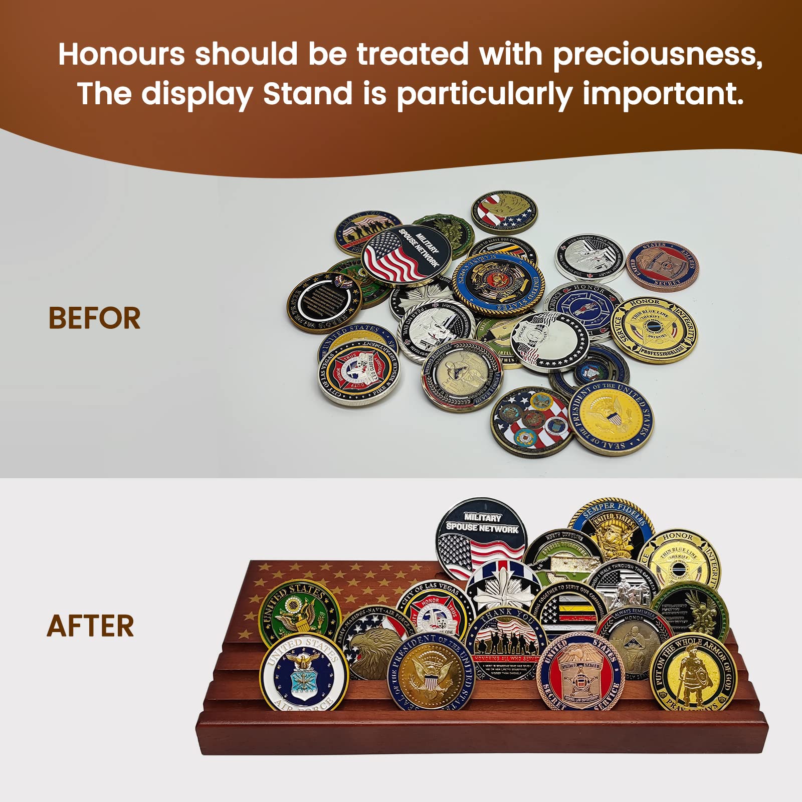 LIUYALO Military Challenge Coins Display Holder,Challenge Coins Stand with American Flag,Army Collectors 6 Rows Military Coin Display Case Rack Solid Wood