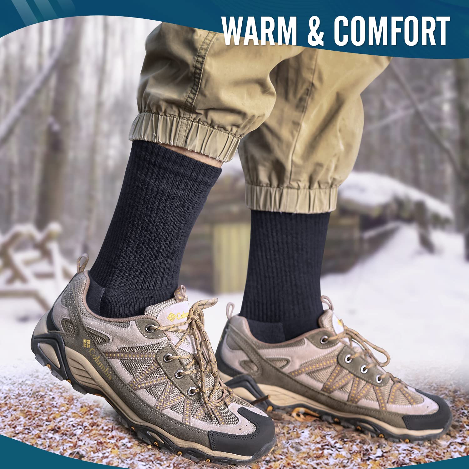 H HANDOOS 3 Pack Merino Wool Hiking Socks for Men & Women, Thermal Warm Cushioned Crew Socks for Trekking Working Camping - Black, L, 9-12