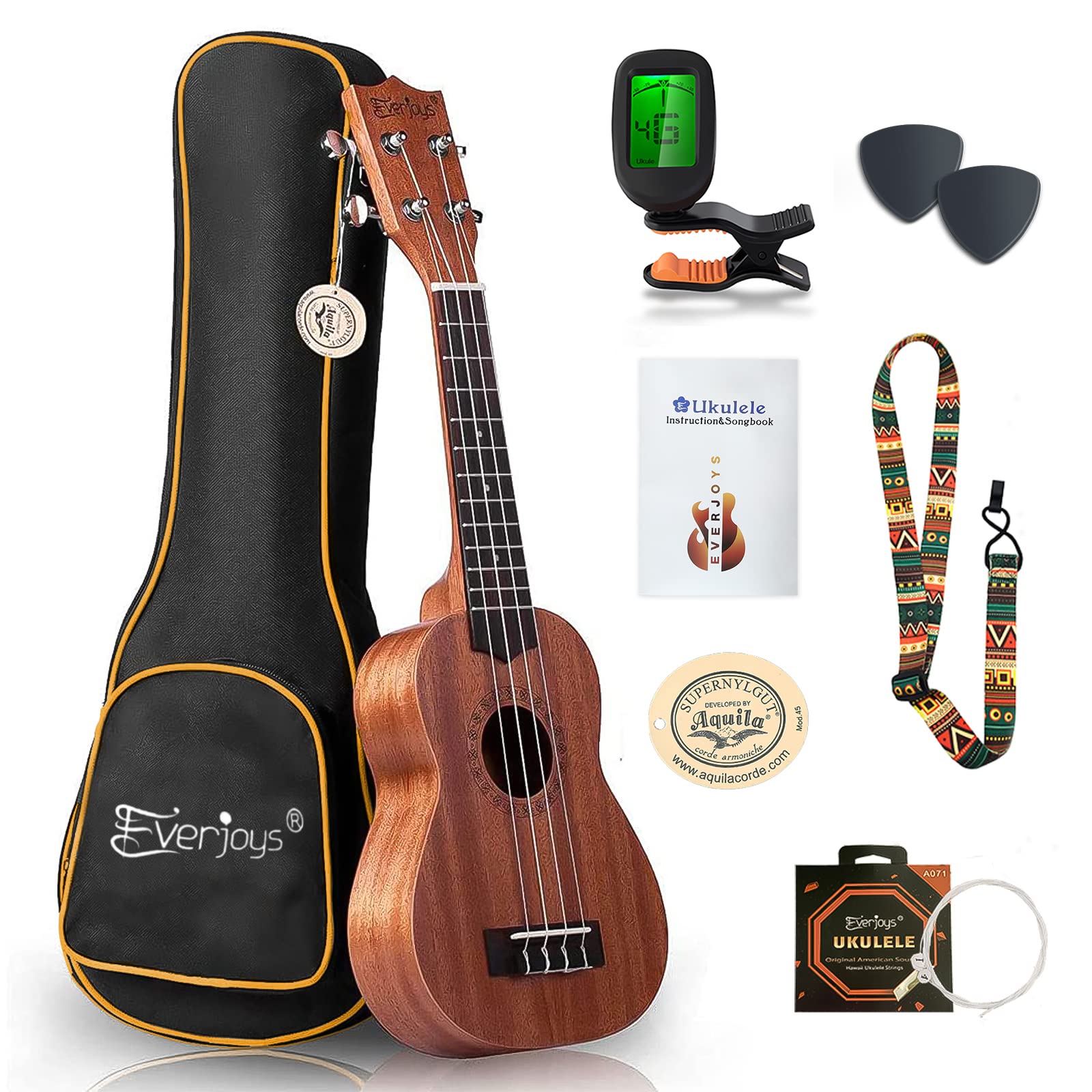 Everjoys Mahogany Soprano Ukulele Starter Kit - Professional 21 inch w/Case Strap Tuner Aquila Strings Pick (Natural Mahogany)