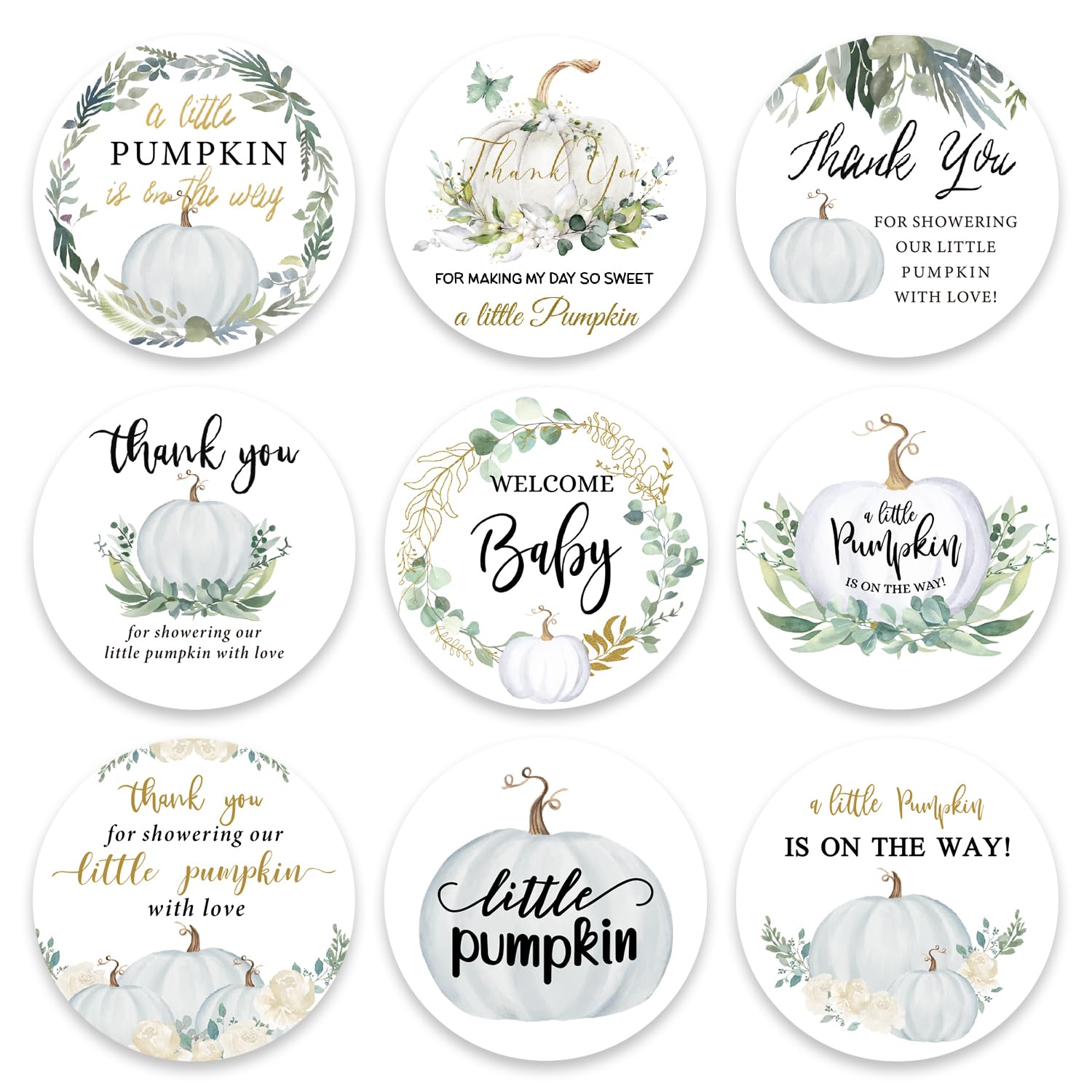 Quera 90 Little Pumpkin Baby Shower Thank You Stickers, Fall Baby Shower Party Favor Stickers,Fall Themed Baby Shower Favor Stickers 2inch(Green)