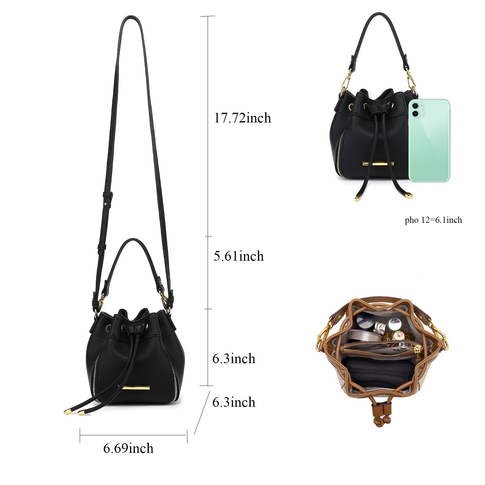 LL LOPPOP Small Casual Top-Handle Drawstring Bucket Bags, Mini Shoulder Crossbody HandBag with 2 Detachable Straps 203601