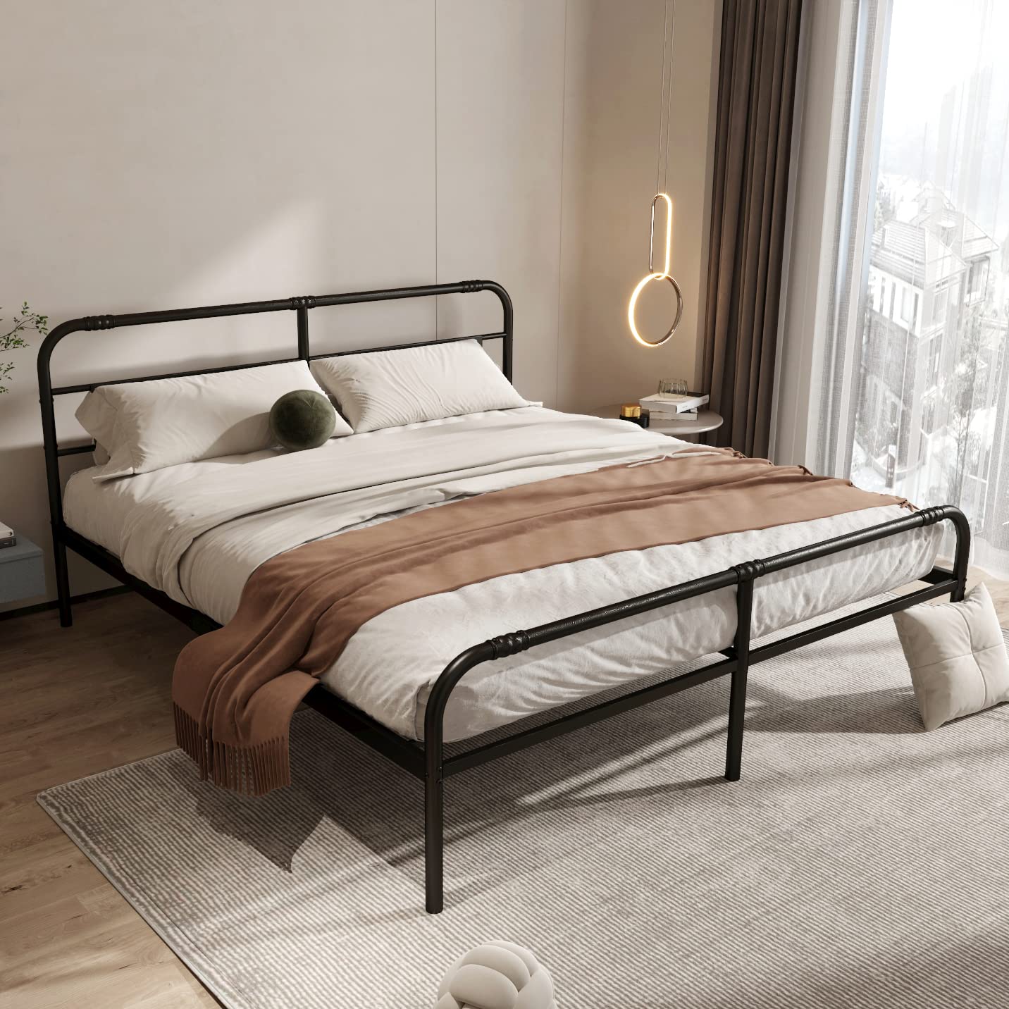 Emiosmt King Size Bed Frame with Headboard and Footboard 14 Inch Tall,2500lbs Heavy Duty Steel Slat Support Metal Platform,No Box Spring Needed,Noise Free,Round Tube,Bed Frame for King