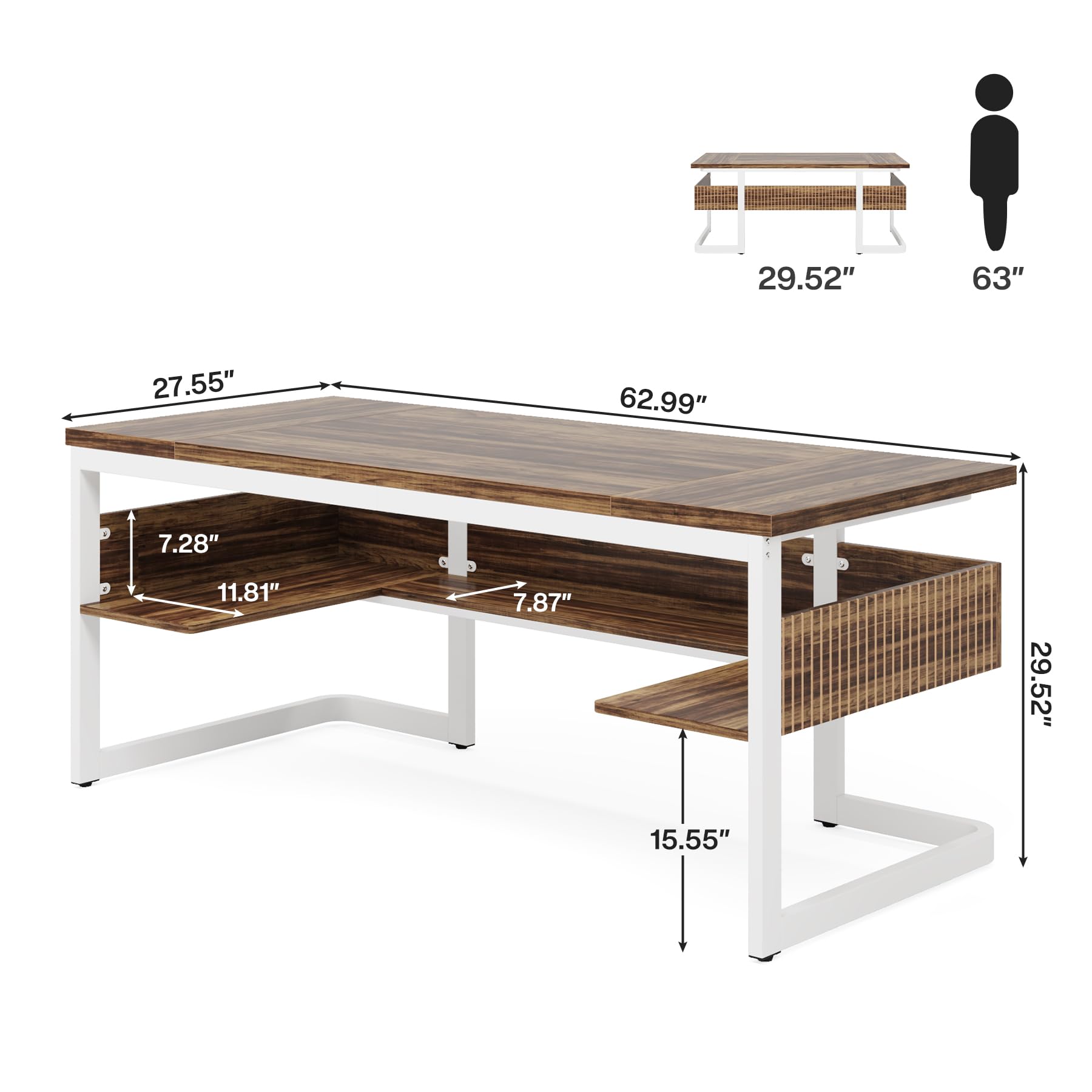 Tribesigns 63" Executive Desk with Bottom Shelves, Large Office Computer Desk, Modern Simple Workstation Business Furniture for Home Office (Walnut & White)