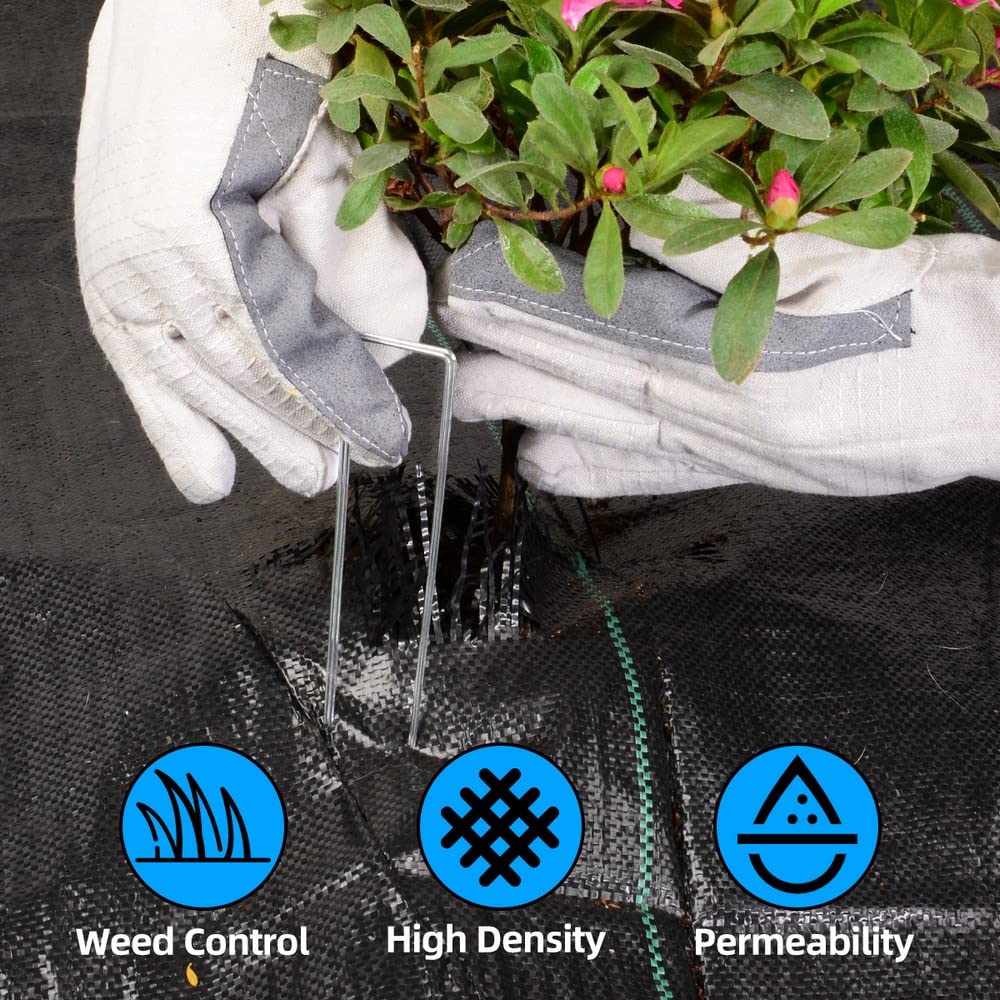 LAVEVE 4FT x 100FT Weed Barrier Landscape Fabric, 3.2oz Premium Heavy-Duty Gardening Weed Control Mat, Ground Cover for Gardening, Farming with 30 U-Shaped Securing Pegs(2 Pack 4x50FT)