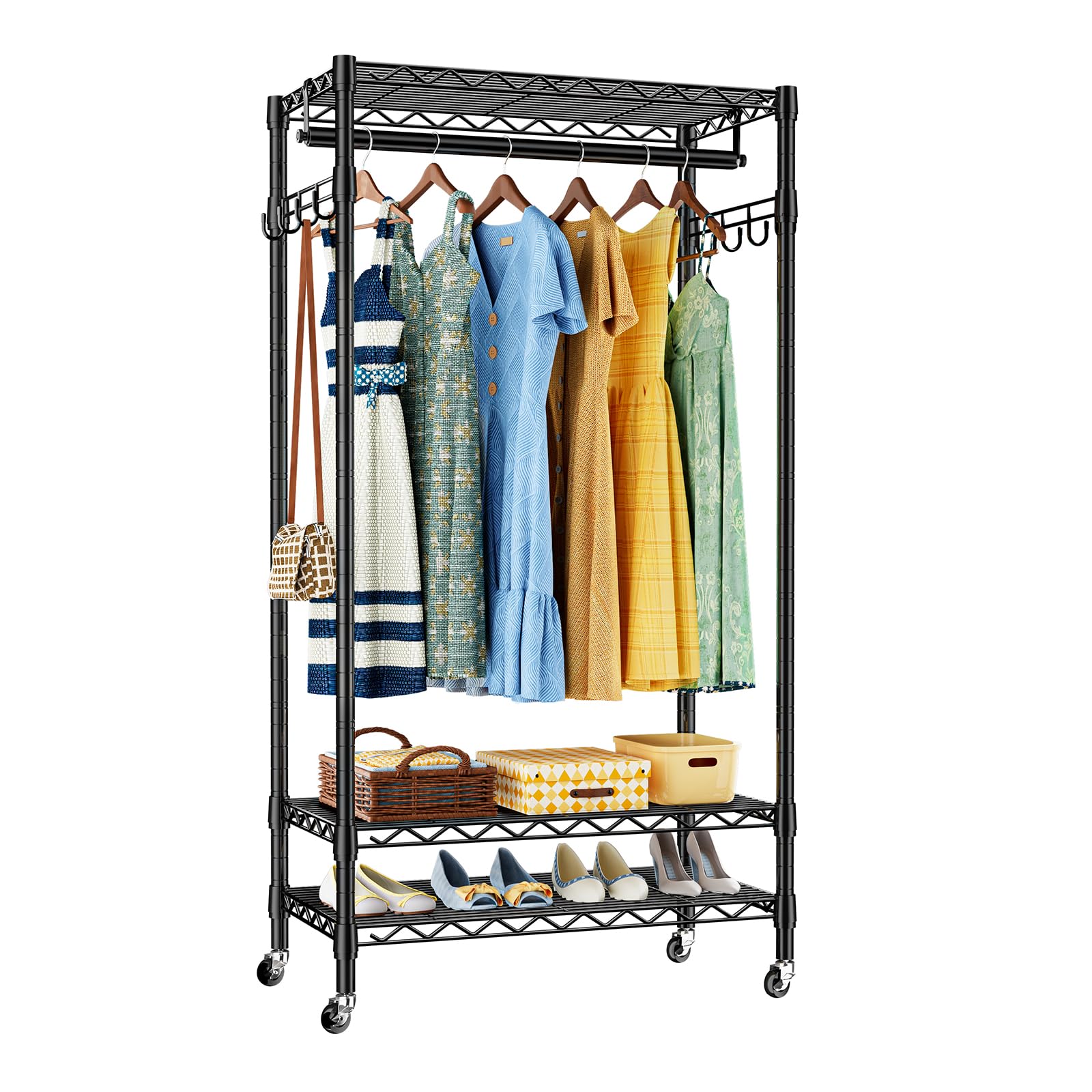 HEMTEN K3 Clothes Rack Heavy Duty Clothing Rack with 8 Shelves 4 Hang Rods, Adjustable Freestanding Metal Clothing Rack for Hanging Clothes, Portable Wardrobe Closet 14"W x 74"L x 74.8"H, Load 970LBS