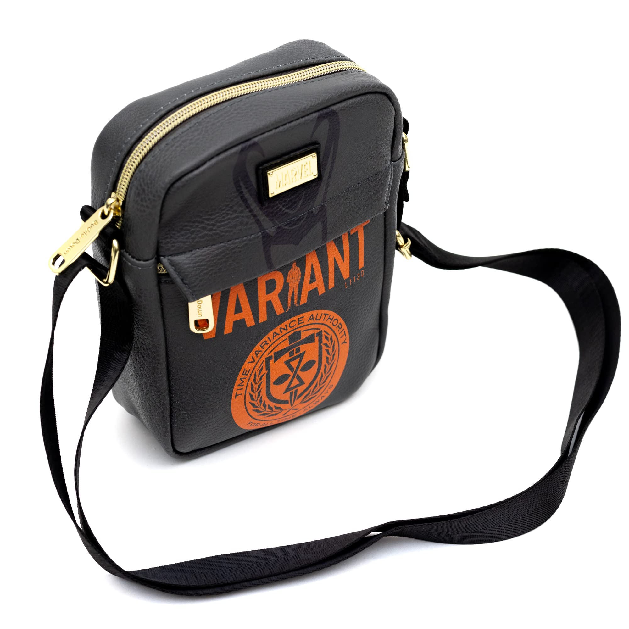 Marvel Comics Bag, Cross Body, Loki TV Show Variant Time Variance Authority Icon, Black, Vegan Leather