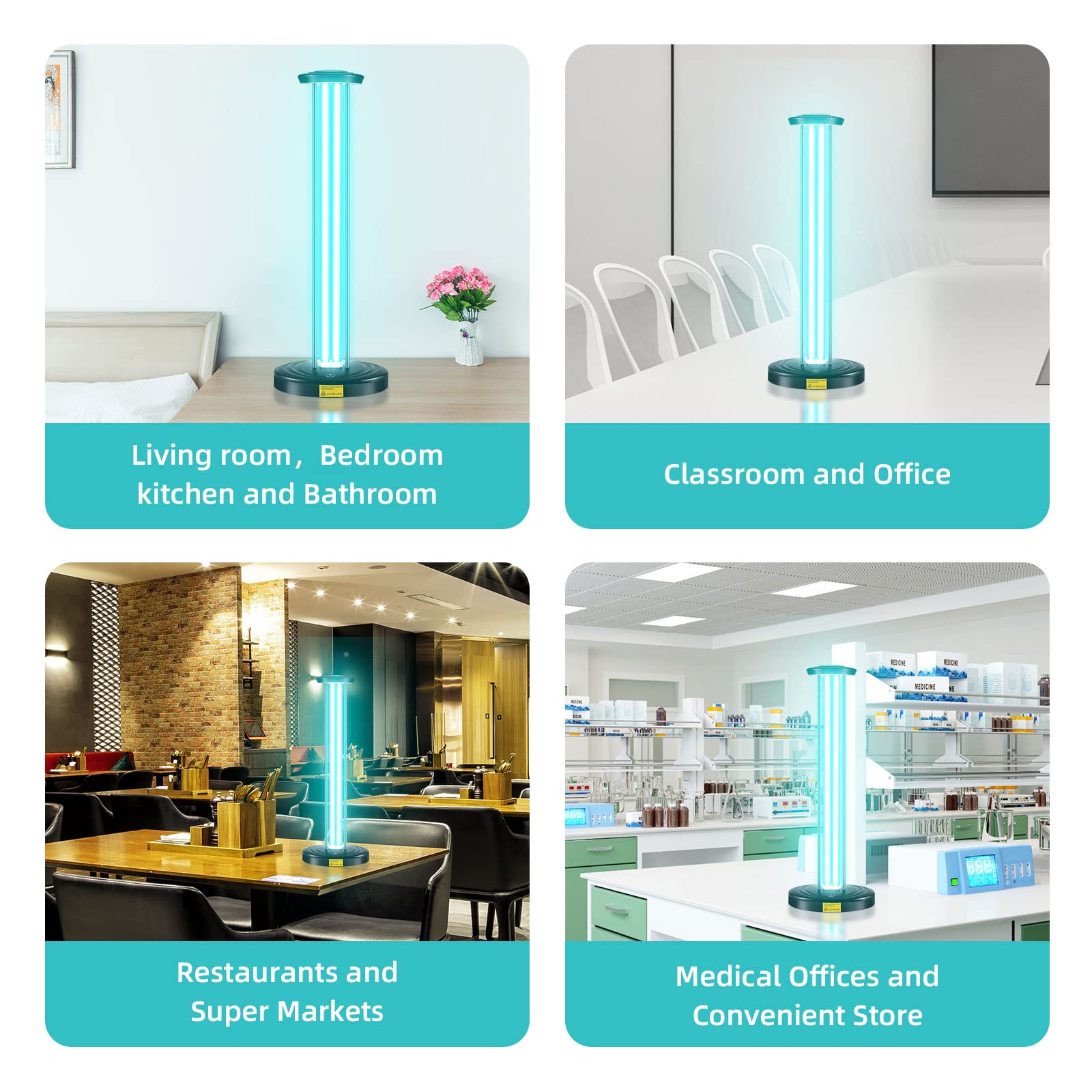 JTAPURE Ultraviolet Lamp, 100W Ozone Free UV Light Purifier for Large Room, with Three-Step Timing Remote Control, Blue Light, Up to 99.9% Purification for Bathroom, Bedroom, Toilet