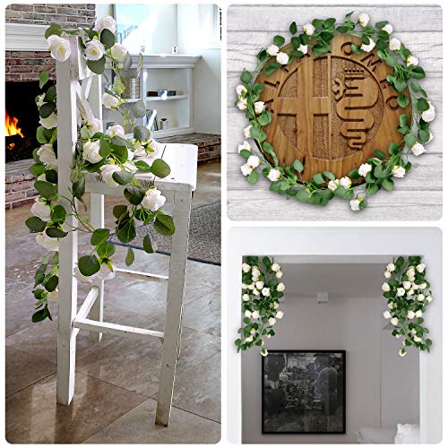 FRUNZE Eucalyptus Garland with White Roses - Artificial Vine Decoration for Home, Kitchen, Garden & Furniture - Charming Wall Backdrop for Weddings, Parties, & Events - Rustic Ornament, 2 Meters Long
