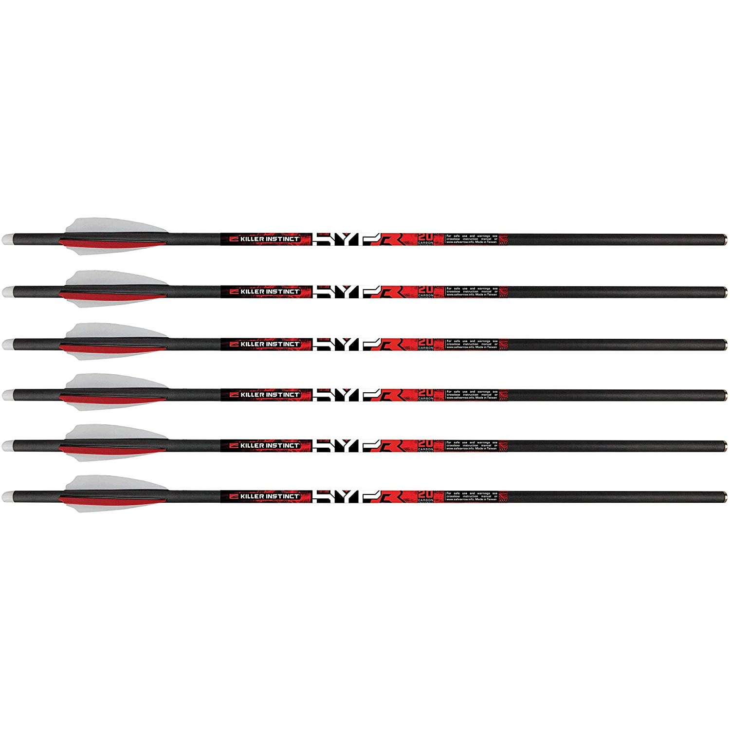 Killer Instinct MSCKI-1064-6 HYPR High Velocity Big Game Dense 20 Inch Heavy Carbon Crossbow Bolts with 3 Inch Vanes, 6 Bolts Per Pack, 2 Pack