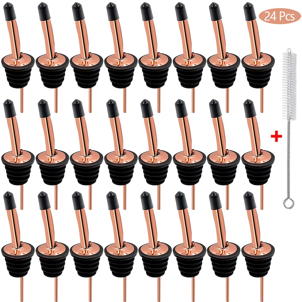 Liquor Bottle Pourers - Stainless Steel Classic Bottle Pourers with clean bursh, Rustproof Metal Alcohol Pouring Tubes For Bars, Clubs, Restaurants & Home Use (Copper) (24 pack)