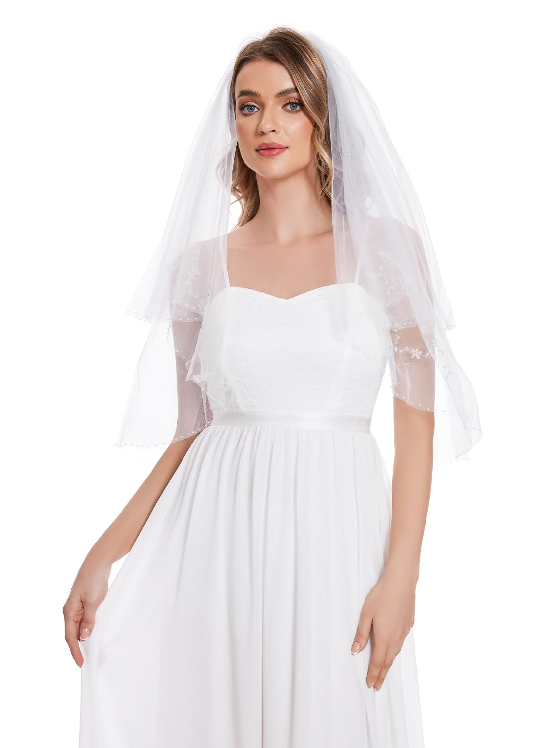 emondora 2-Tier Crystal Wedding Veil Ivory Mid Length Veil With Rhinestones 2t Beaded Edge Short Bridal Veil Bachelorette Wedding Veil