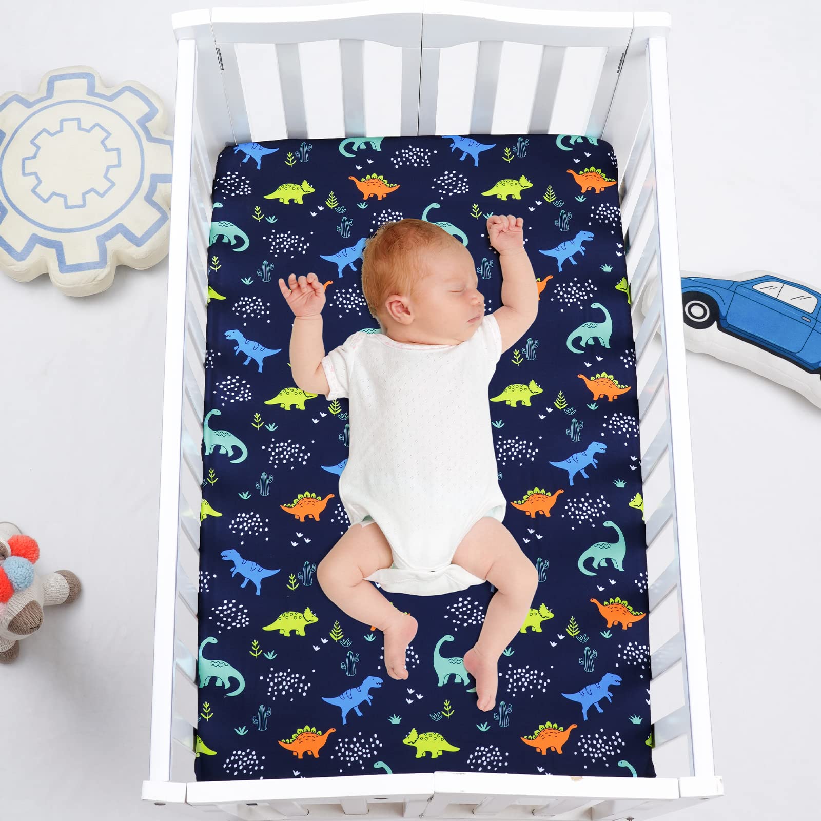 PHF 3 Pack Soft Mini Crib Sheets, Dinosaur Silky Pack N Play Sheets for Baby Boys Girls, Universal Fit for Pack N Play, Playard, Portable and Mini Crib Mattresses,Navy Dinosaur