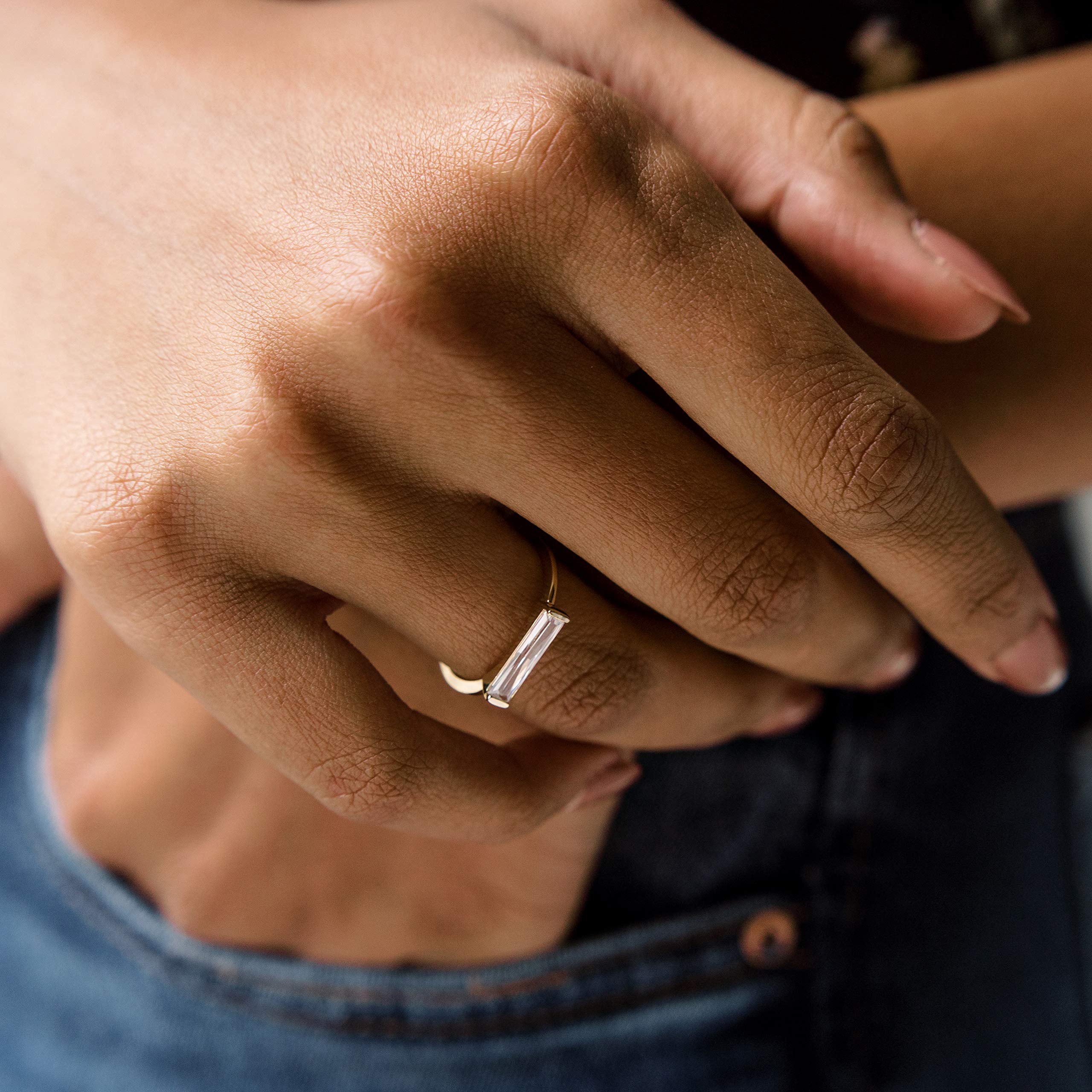 Honeycat Lorena Long Crystal Baguette Ring in Gold, Rose Gold, or Silver | Minimalist, Delicate Jewelry (Gold, 8)