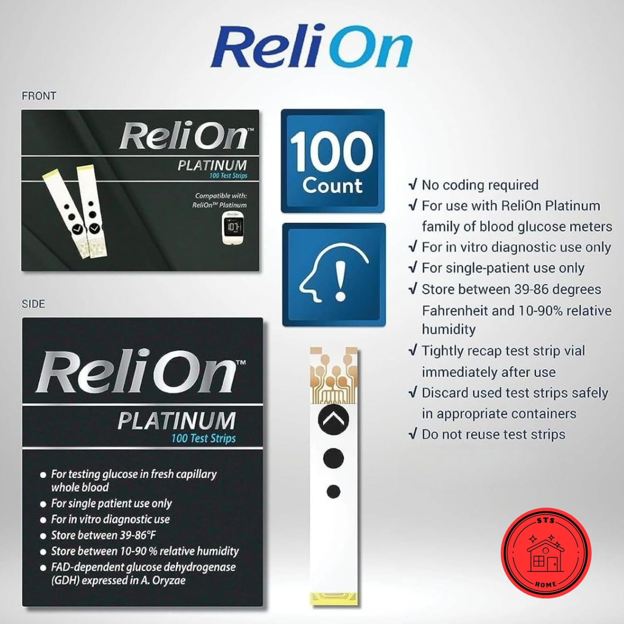 ReliOn Platinum Blood Glucose Test Strips | Blood Glucose Test Strips | Test Strips for Diabetes | Blood Sugar Test Strips | Diabetic Test Strips | Reli On Platinum Test Strips 100 Count + STS Sticker