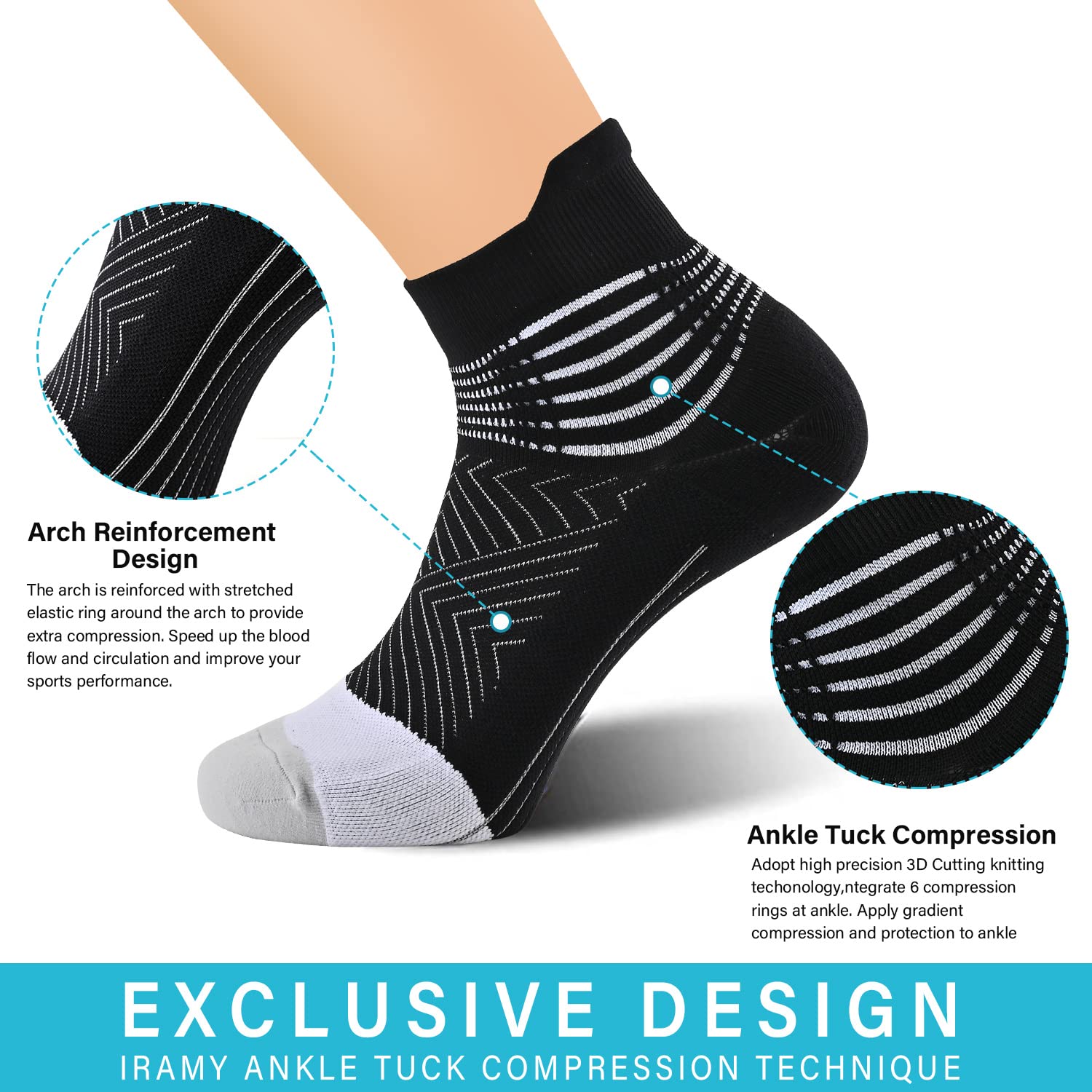 IRAMY Compression Ankle Support Running Socks Coolmax Wicking Women Men 3 Pairs Quarter Athletic Plantar Fasciitis Socks