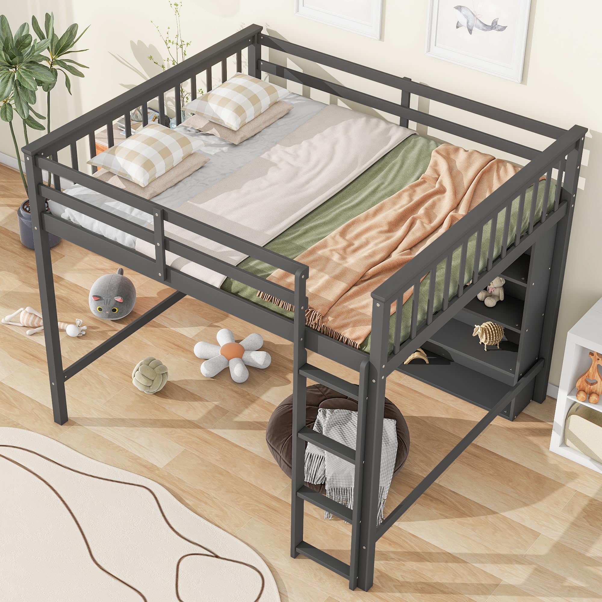 SOFTSEA Full Size Loft Bed with Storage, Solid Wood Loft Bed with Open Storage Shelves, Multi-Functional Loft Bed Frame with Ladder for Kids Boys Girls Teens, Gray