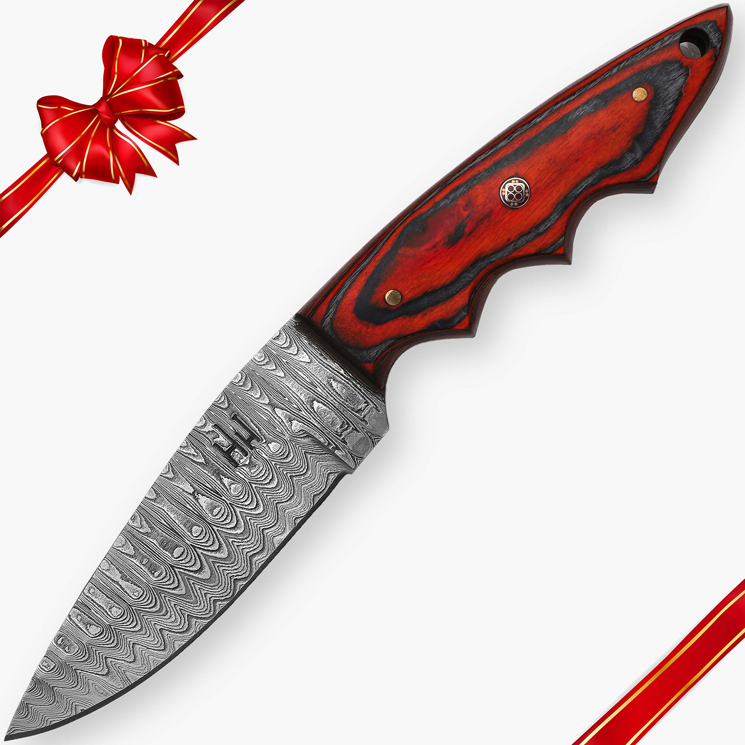 Hobby Hut HH-347 8.75 inches Damascus Steel Hunting Knife with Sheath, Fixed Blade Knife, Walnut Wood Handle Designed for Hunting Camping and Survival