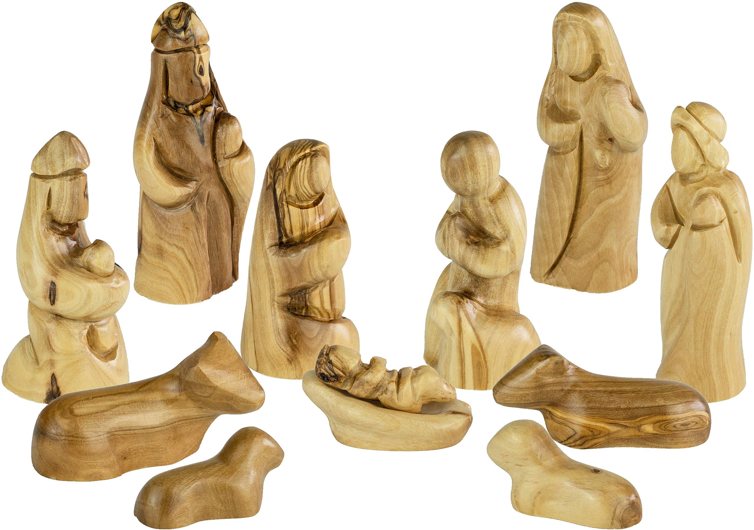 Holy Land Olive Wood Faceless Nativity Set from Israel, 12 Piece Unique Indoor Wooden Nativity Scene, Jesus Mary & Joseph Holy Family in the Manger Figurines, Seasonal Home Décor Accent for Christmas