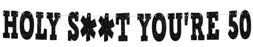 Holy S**t You’re 50! Banner Backdrop Glitter Black Hallo Fiftieth Cheers to 50 Years Old Theme Decor for Man Woman Happy 50th Birthday Party Decorations Photo Studio Prop Flag Favors Supplies