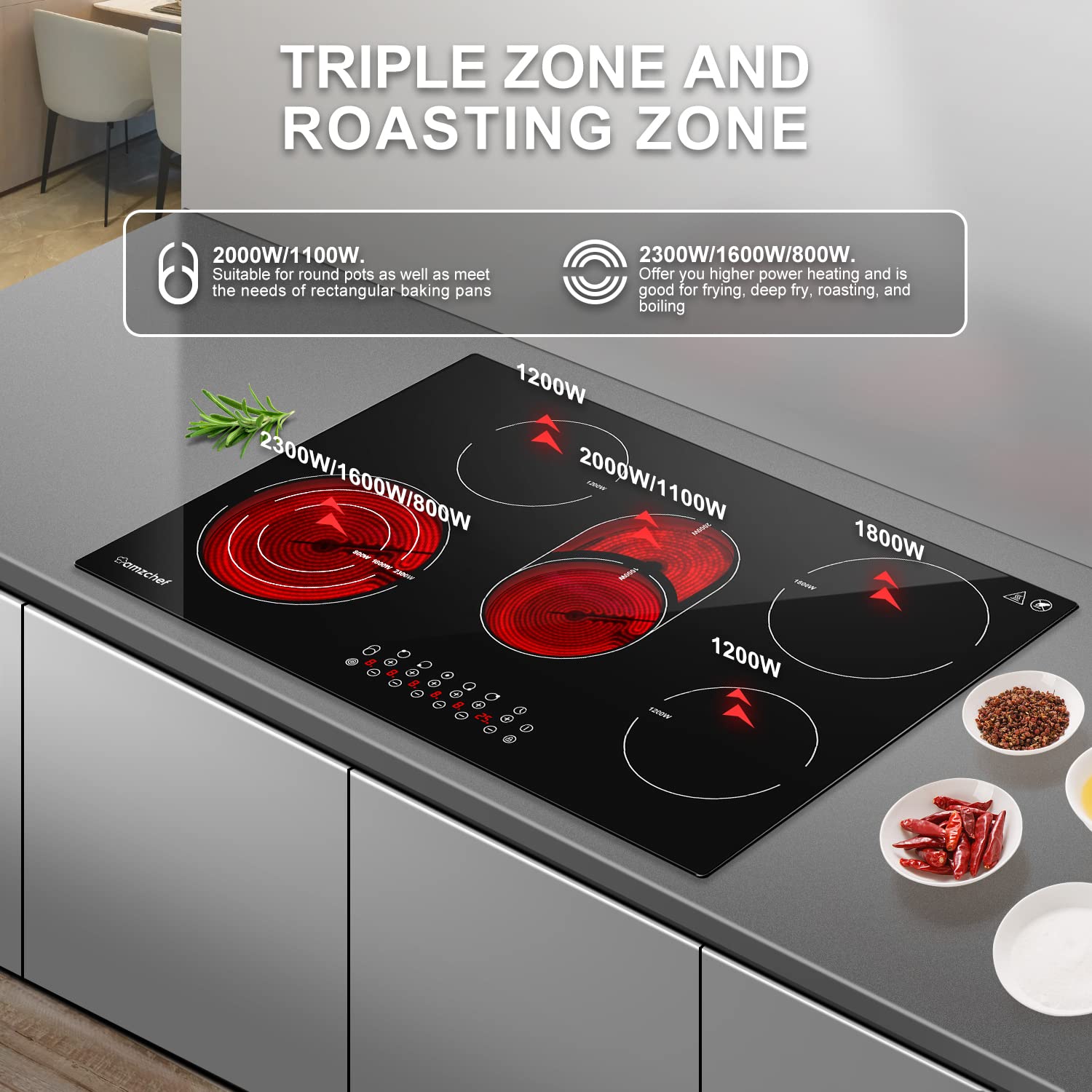 Electric Cooktop 30 Inch, AMZCHEF Built-in Electric Stove Top, 240V Countertop Stove Cooktops With 5 Burners, 9 Heating Level, Timer & Kid Safety Lock, Sensor Touch Control