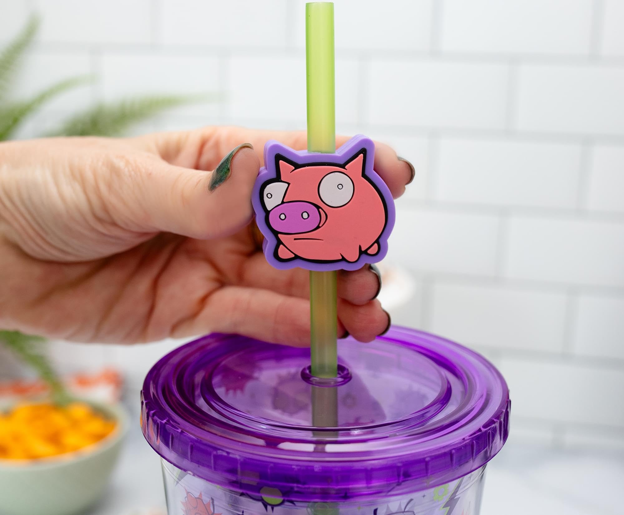 Silver Buffalo Invader Zim Plastic Cold Cup with Lid and Straw Topper Featuring GIR, 24 Ounces