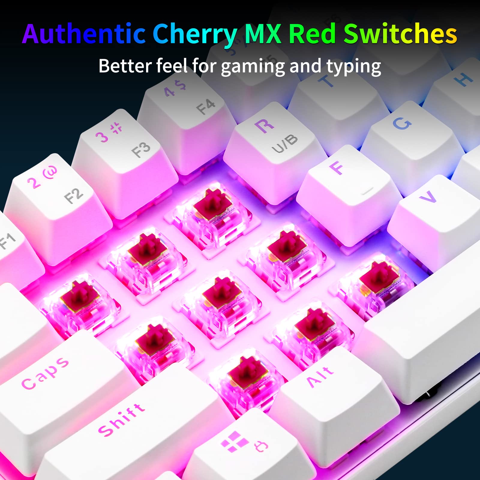 HUO JI CQ63 60% RGB Wireless Mechanical Gaming Keyboard, Authentic Cherry MX Red Switches, Bluetooth 5.0, Wired Keyboard 63 Keys for PC Tablet Laptop Cell Phone, White