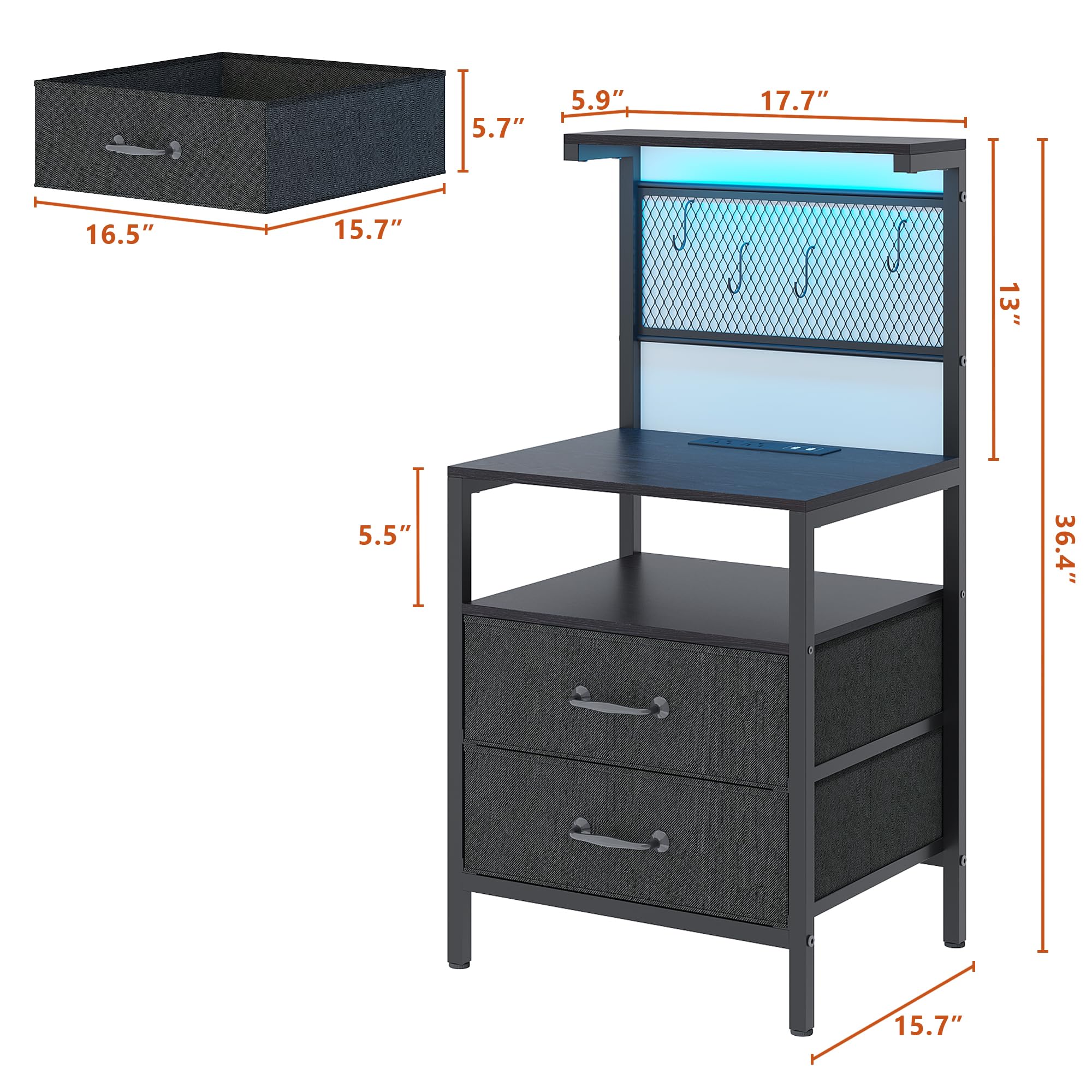TRIFEBLE Tall Nightstand Set of 2 with Charging Station and LED Lights, Night Stand with Fabric Drawers, Bedside Table 36.4 Inch with Storage Shelves, Side Table, Mesh Shelves with Hooks, Rustic Brown