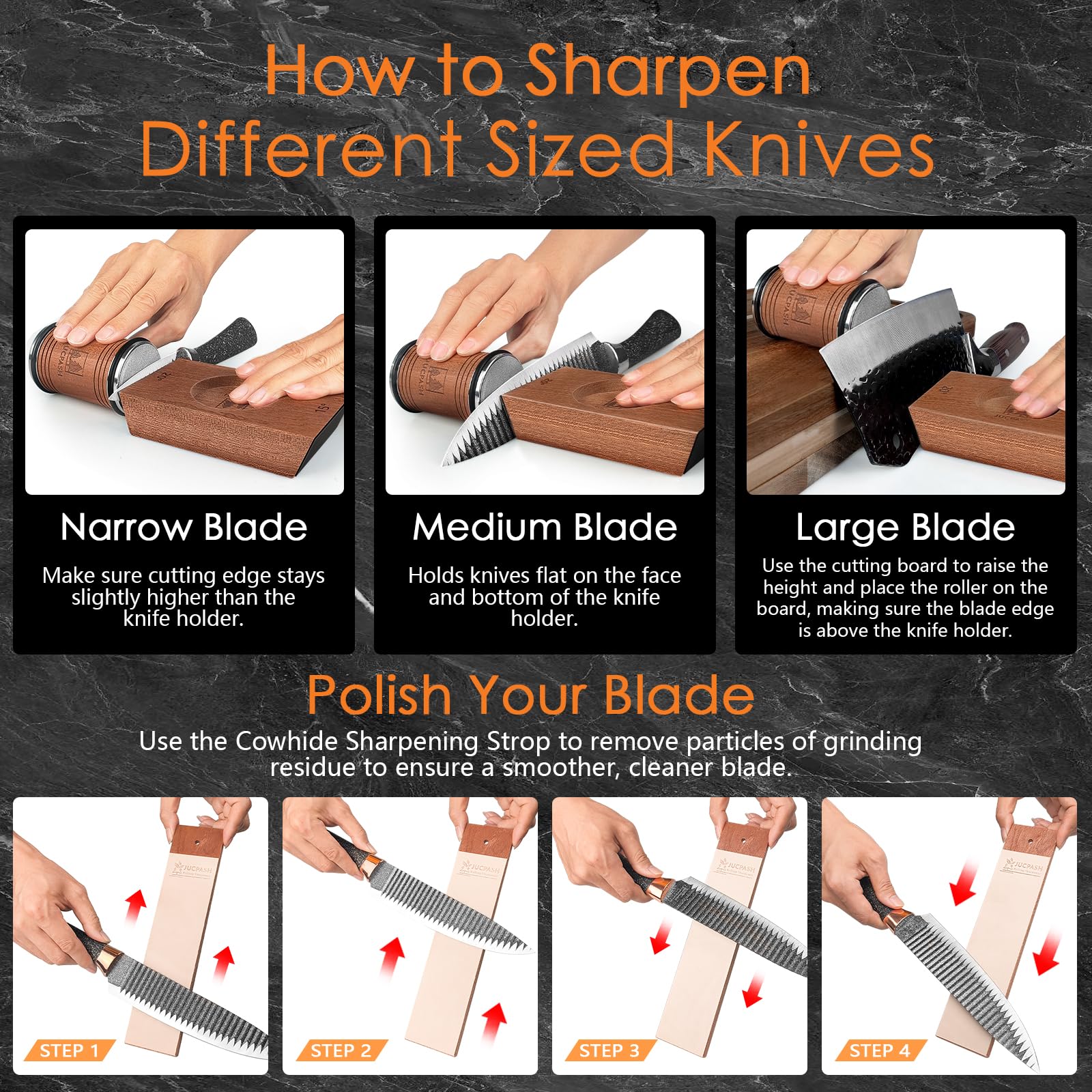JUCPASH Rolling Knife Sharpener Kit for Straight Edge - Knife Sharpening with Leather Strop, Diamonds Discs and 15 & 20 Degree Magnetic Angles, Roller Knife Sharpener System for Kitchen Knives
