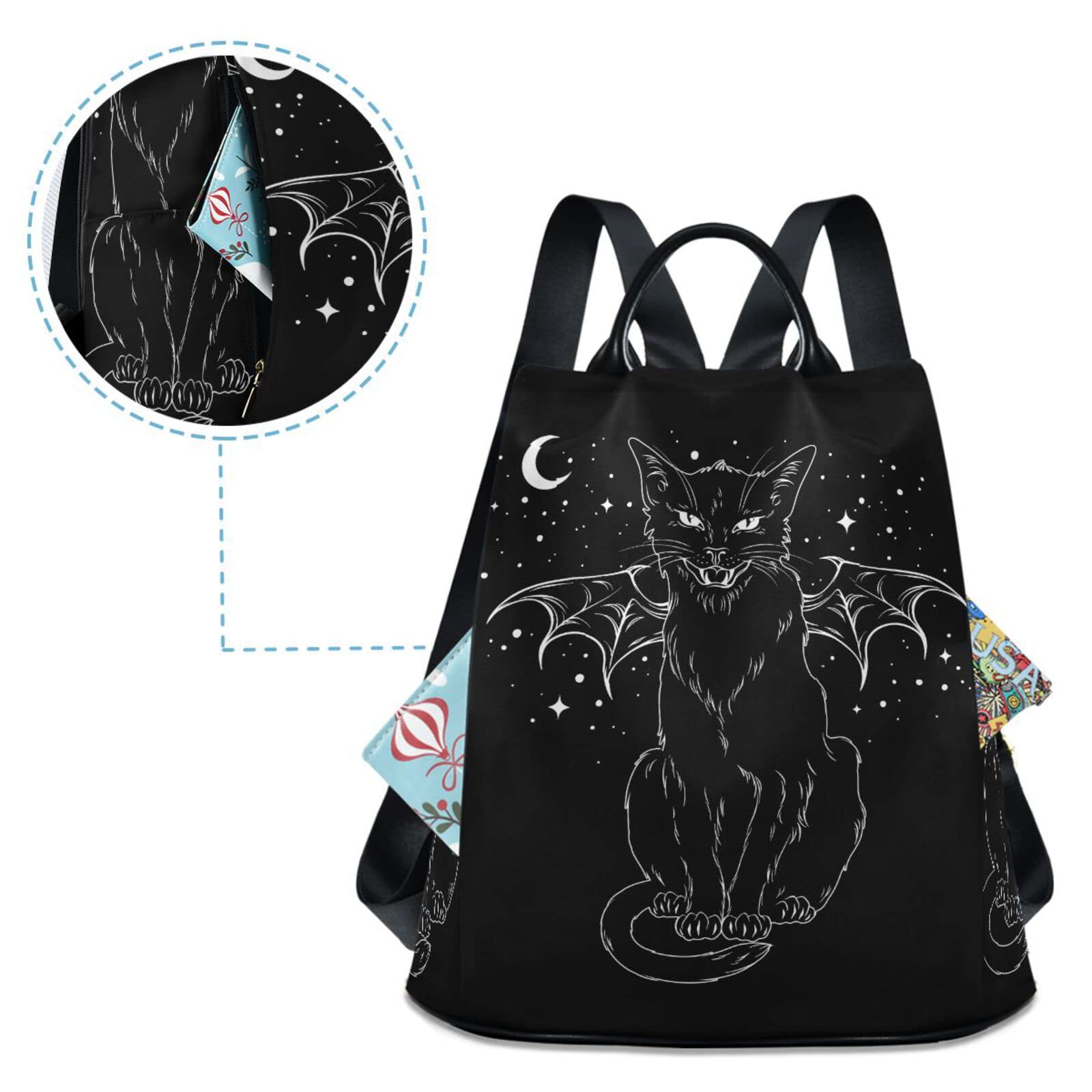 Fustylead Black Cat with Monster Wings Backpack Purse for Women Anti-theft Backpack Purse Travel Daypack