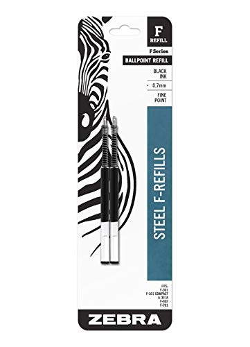 Zebra F-701 Stainless Steel Ballpoint Retractable Pen Medium Point, 0.7mm, Black Ink, 2-Count Bundle with 6 Pen Refills, 0.7mm