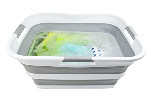 SAMMART 42L (11 gallon) Collapsible Plastic Laundry Basket - Foldable Pop Up Storage Container/Organizer - Portable Washing Tub - Space Saving Hamper/Basket (White/Grey)