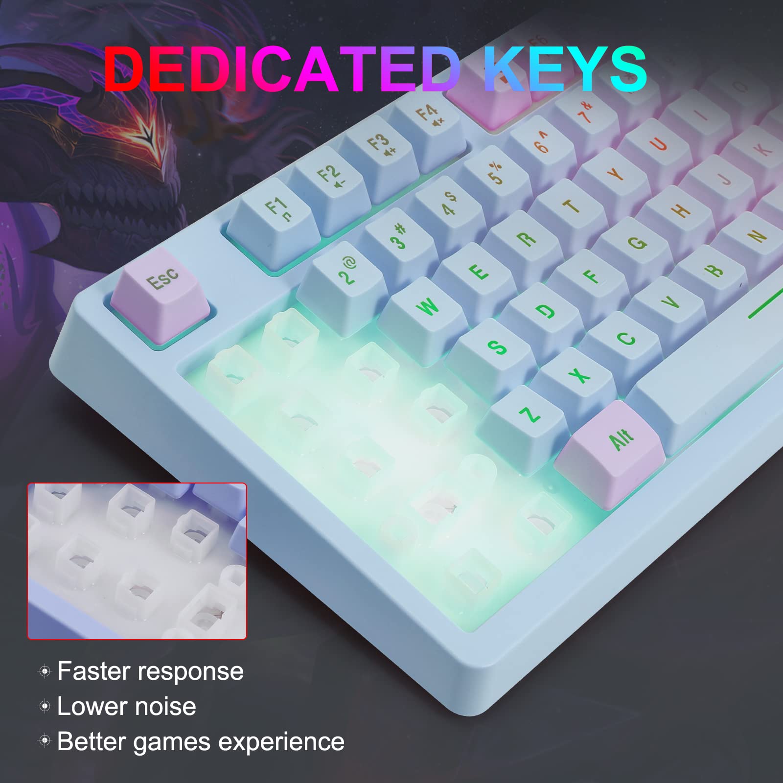 HUO JI Gaming Keyboard USB Wired with Rainbow LED Backlit, Quiet Floating Keys, Mechanical Feeling, Spill Resistant, Ergonomic for Xbox, PS Series, Desktop, Computer, PC, Pink White