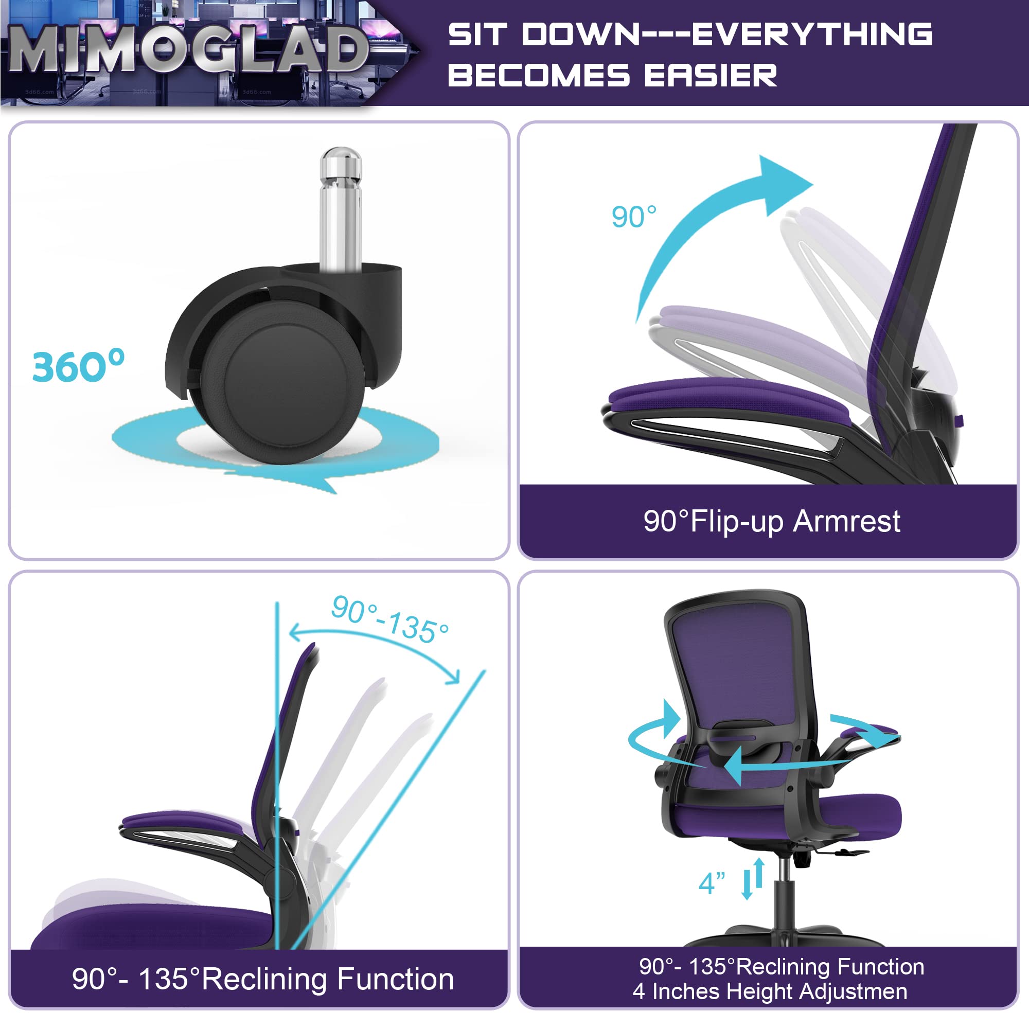 Office Chair, Ergonomic Desk Chair with Adjustable Lumbar Support, High Back Mesh Computer Chair with Flip-up Armrests-BIFMA Passed Task Chairs, Executive Chair for Home Office