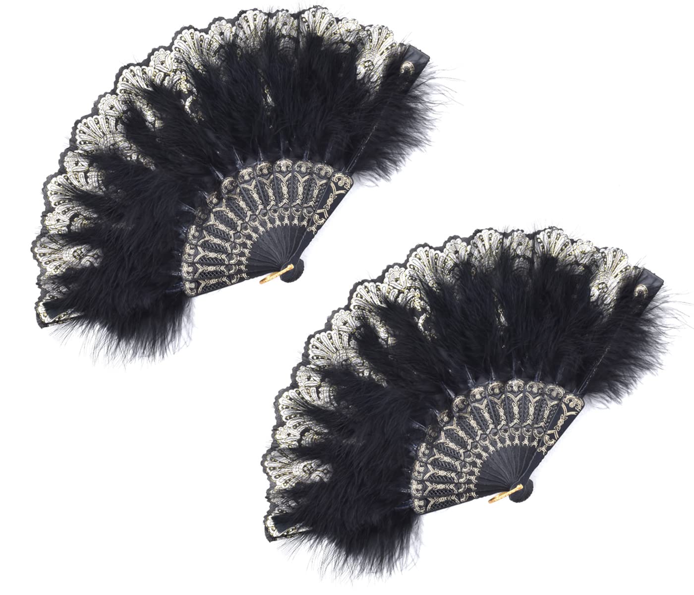 HONSHEN 2 Pack Embroidered Flower Marabou Feather Fan1920s Vintage Style Flapper Hand Fan for Costume Party Dancing (Feather Fan lace 2p Black)