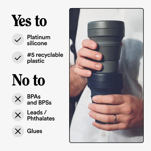STOJO Collapsible Travel Cup With Straw - Carbon, 16oz / 470ml - Reusable To-Go Pocket Size Silicone Bottle for Hot and Cold Drinks - Perfect for Camping and Hiking - Microwave & Dishwasher Safe