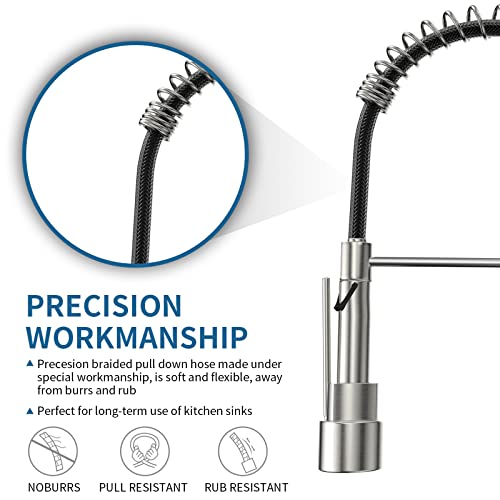 Kitchen Faucet with Pull Down Sprayer, Brushed Nickel Kitchen Faucet, Commercial Faucet for Kitchen Sink, Single Handle Kitchen Sink Faucets Brass Pull Down Kitchen Faucet with Deck Plate