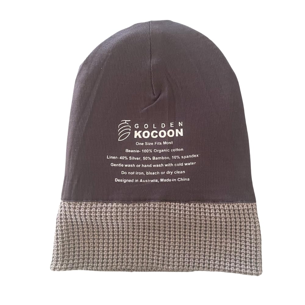 Golden Kocoon® - E-M-F Organic Cotton Beanie with a Bamboo Lyocell Faraday Fabric Liner - Adult Size in Grey -5 g, Cell Towers, Bluetooth, Smart Meters & WiFi- Golden Cocoon Hat Cap