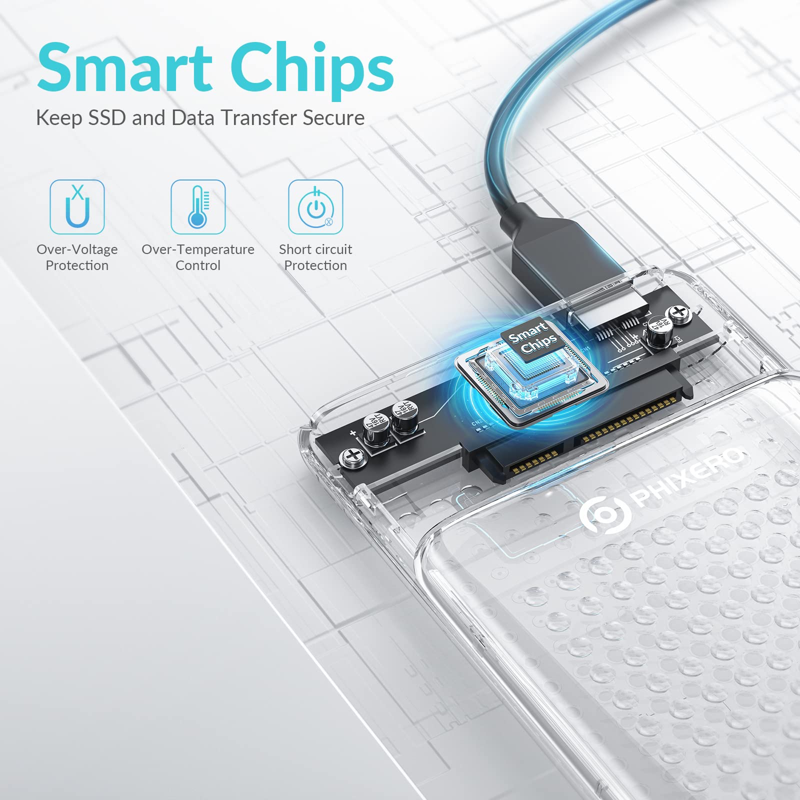 PHIXERO 2.5" Hard Drive Enclosure, 6Gbps USB 3.1 Gen 1 to SATA III Tool-Free SSD Hard Drive Enclosure for 2.5 inch 7mm/9.5mm SATA HDD & SSD [UASP Supported] Transparent