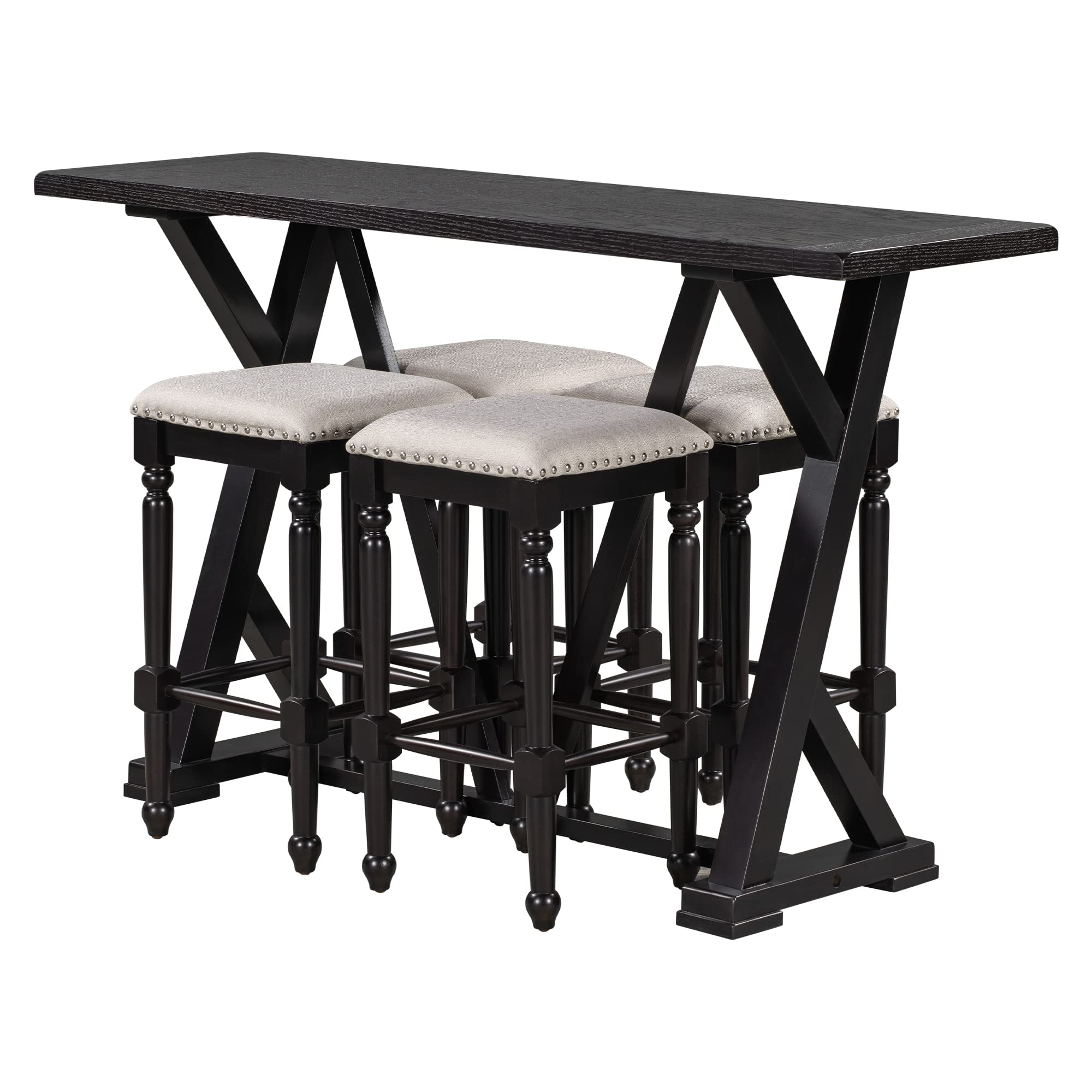 FIQHOME Extra Long Mid-Century 5-Piece Counter Height, Wood Console Bar Table Trestle Legs and 4 Upholstery Stools, Kitchen Dining Room Pub Set for Small Places,Black