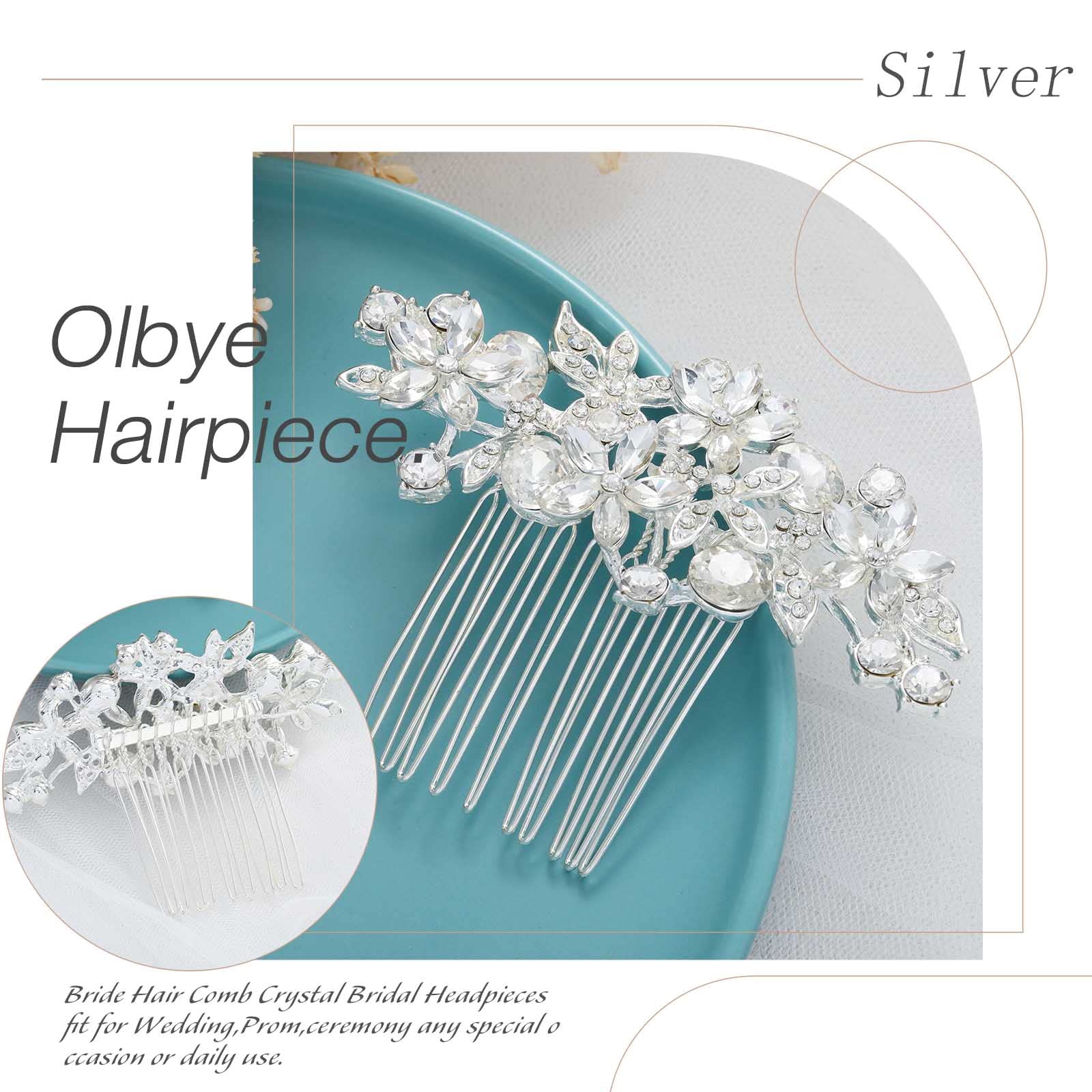 Olbye Wedding Hair Comb Rhinestone Bridal Pieces Flower Silver Crystal Headpiece for Bridesmaids and Brides (Silver)