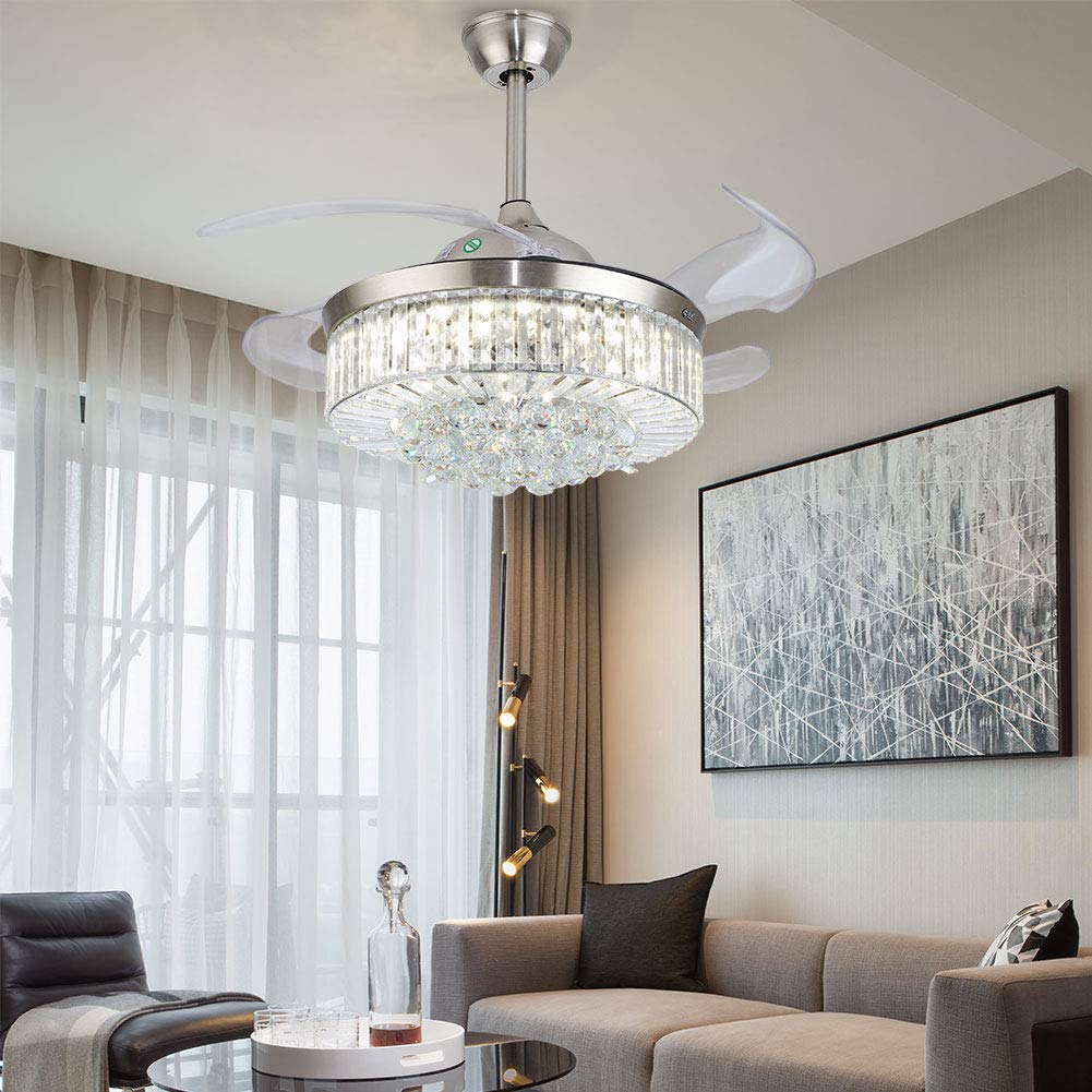 Gdrasuya10 Crystal Ceiling Fan Dimmable Chandelier with Lights and Remote Modern Invisible Retractable LED Fan for Living Room Bedroom Basement Kitchen Garage Decorations -Polished Chrome 42 Inches