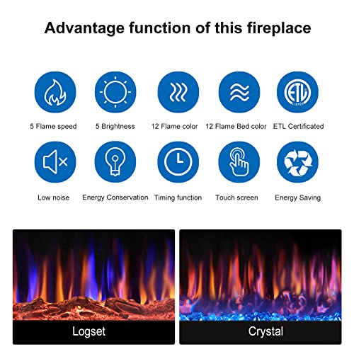 Home4me 36" Electric Fireplace, Wall Mounted and Recessed Fireplace Heater, 750/1500W Freestanding Linear Fireplace, Adjustable Flame Color, Touch Screen,Remote Control with Timer, Low Noise