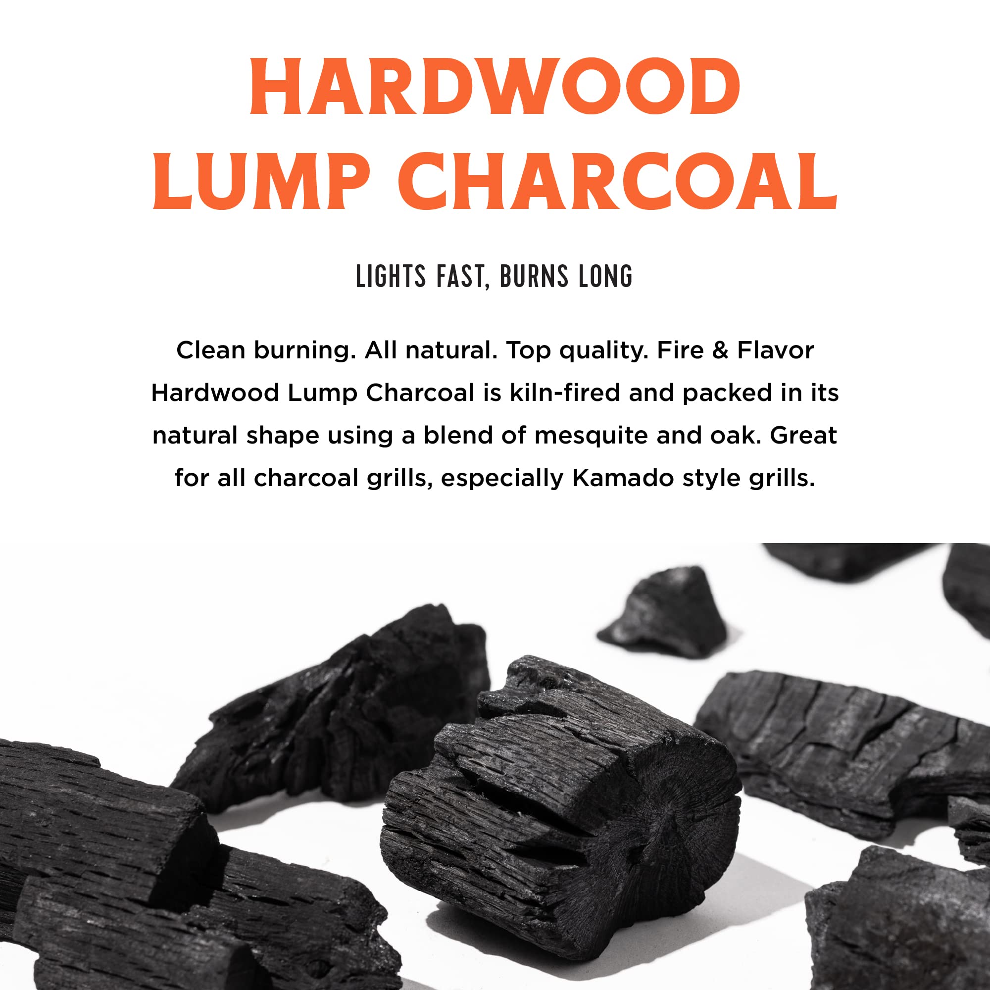 Fire & Flavor Premium All Natural Hardwood Lump Charcoal - Lump Charcoal for Grilling - Lump Charcoal for Smoker - Clean Burning Oak and Mesquite Charcoal Blend - 8lbs