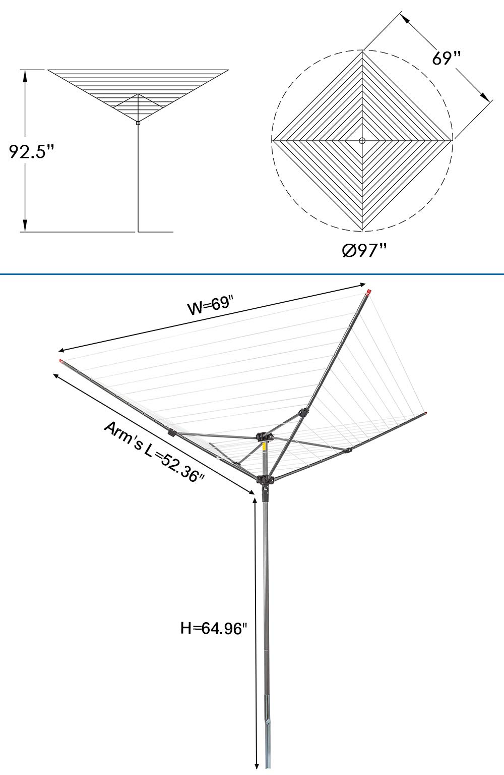 STORAGE MANIAC Outdoor Umbrella Drying Rack, 12 Lines with 164 Feet Drying Space, Steel Frame & Adjustable Height, 4-arm Umbrella Clothesline for Laundry, Collapsible Clothes Drying Rack for Backyard